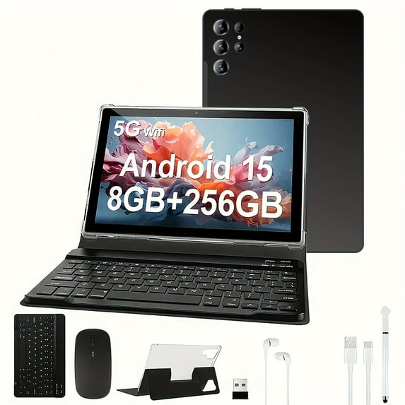 10.1 Inch Android 15 Tablet with Keyboard, 8GB RAM+256GB ROM, WiFi, IPS ...