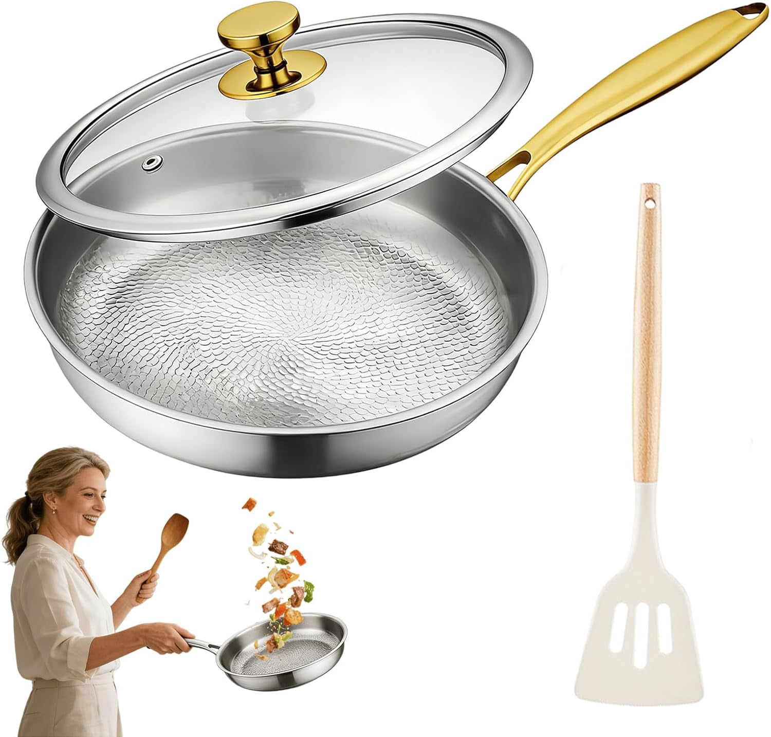 10/11/12/13 Inch Titanium Frying Pan with Lid, Hammered Design, Non ...