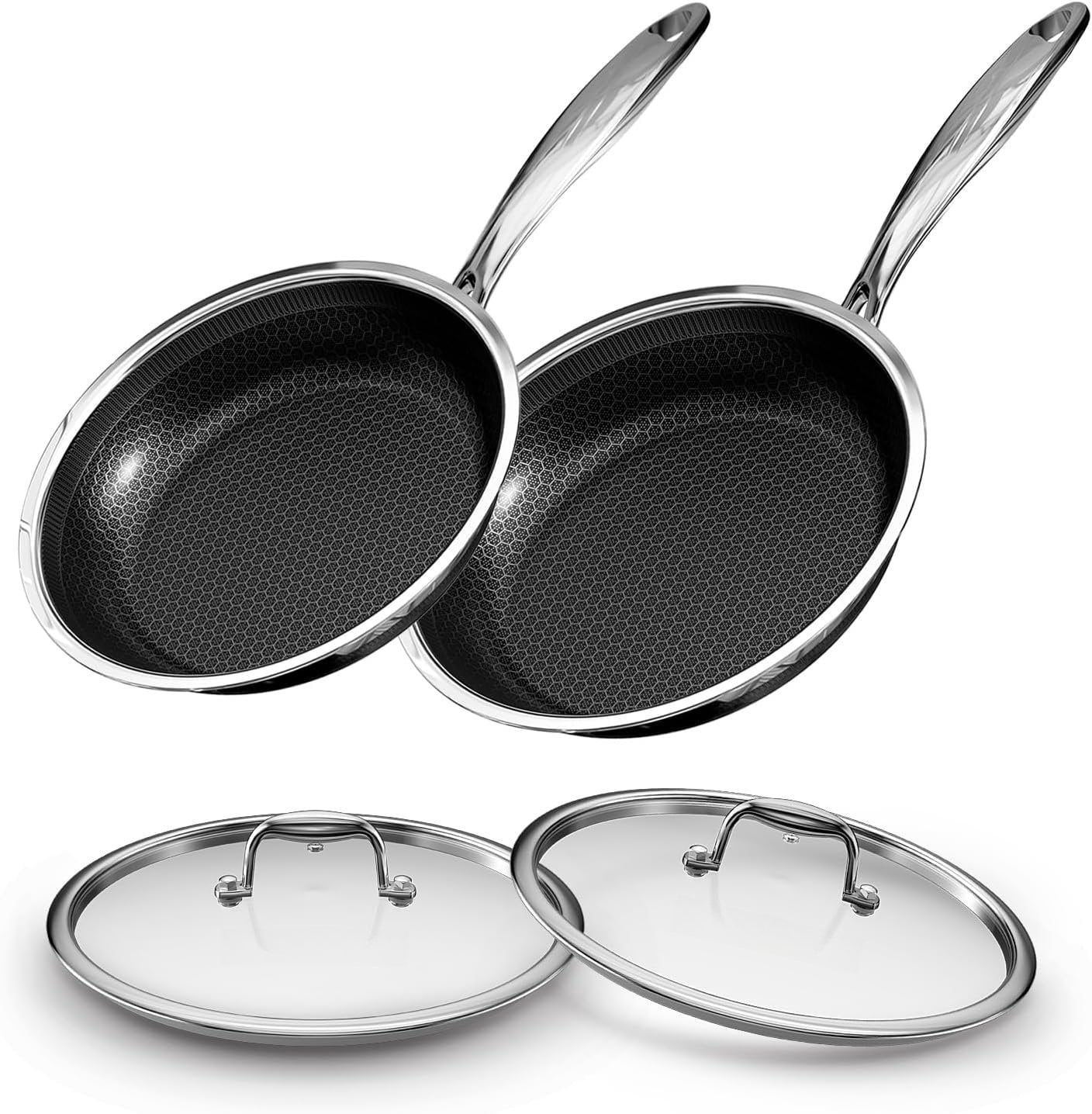 10"11" Non Frying Pans, Stainless Skillet with Lid, Tri-Ply Stainless ...