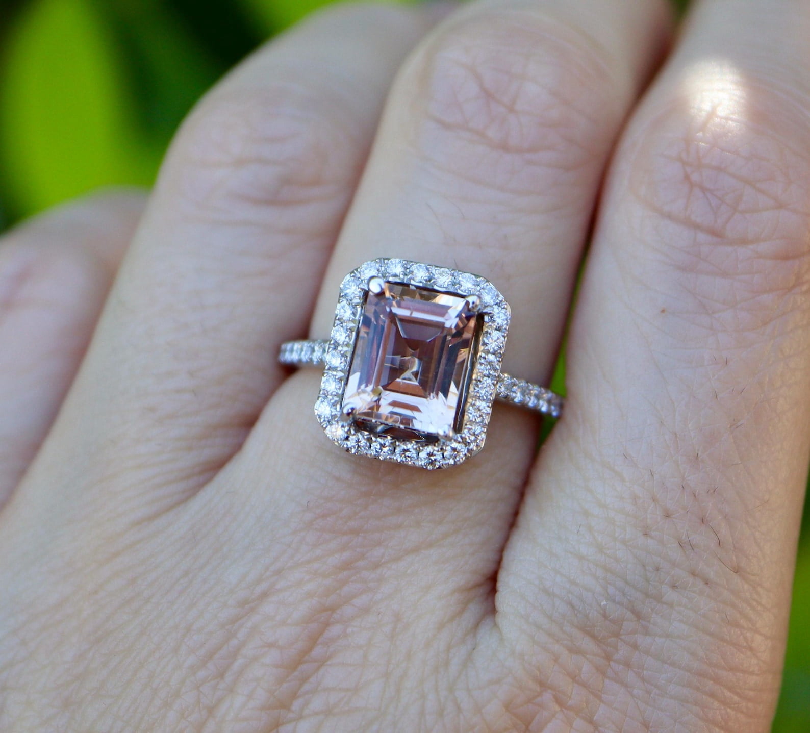 10*12mm Genuine Morganite Halo Sterling Silver- Emerald Cut Peach ...
