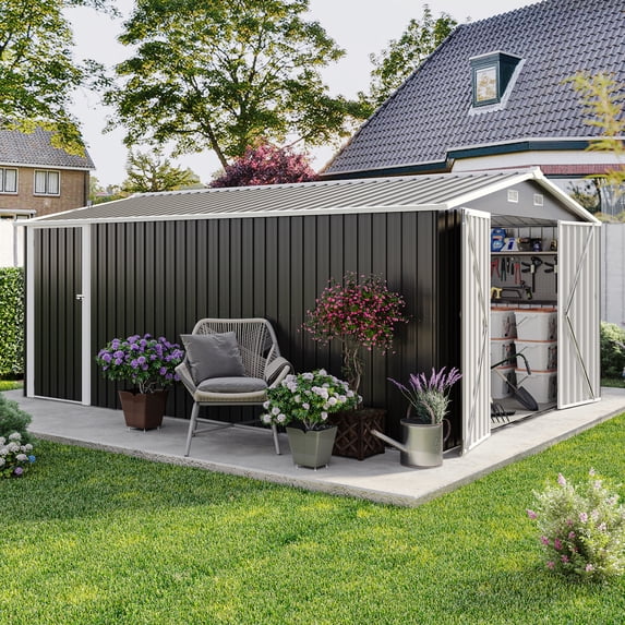 10×14 FT Outdoor Storage Shed, Metal Utility Tool Shed with 3 Lockable ...