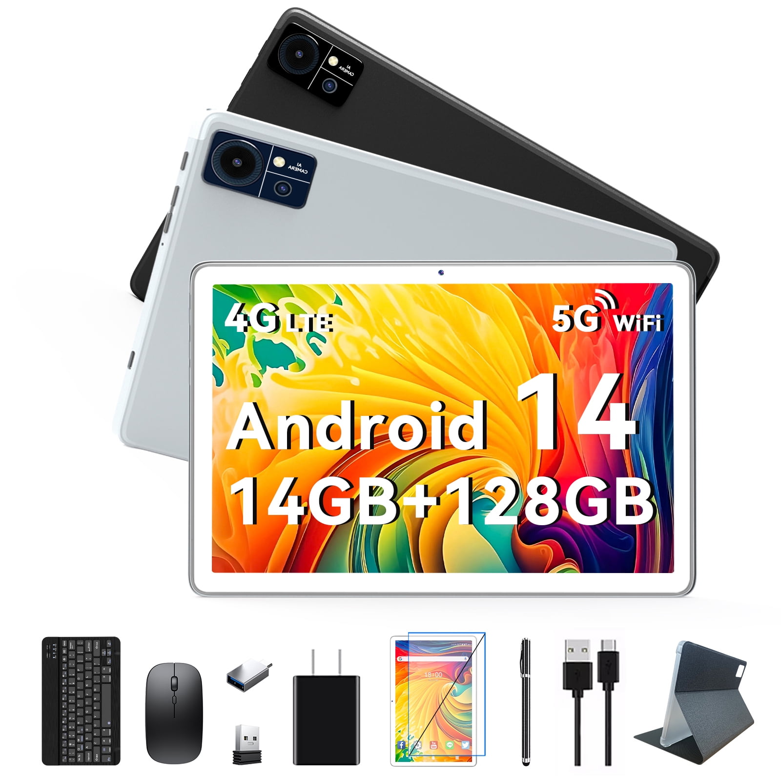 10.1in Android 14 Tablet 14gb RAM 128gb ROM, Octa-Core 4G Cellular Tablet with keyboard, FHD IPS ...