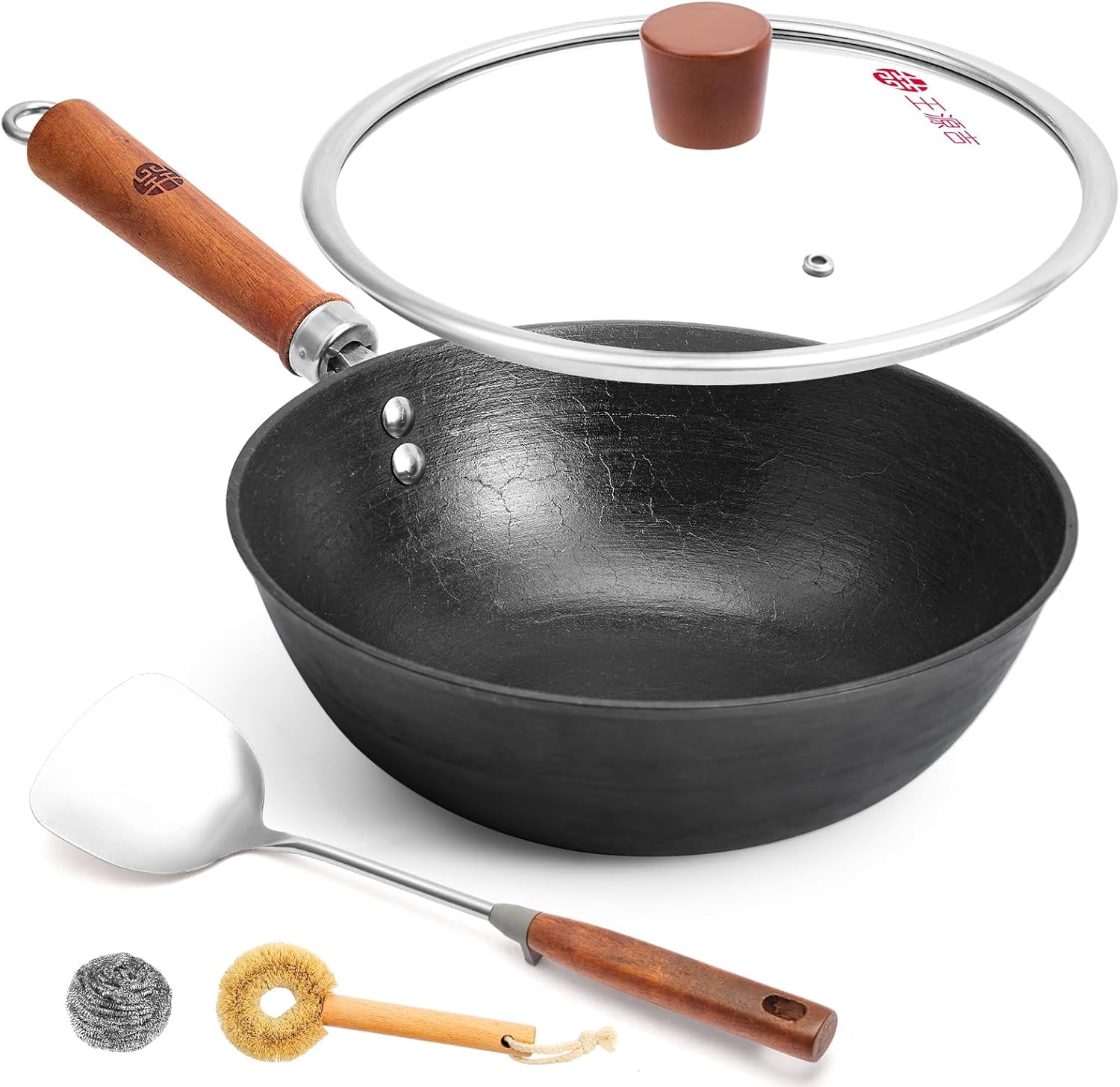 10.2 Inch Cast Iron Wok with Lid, Flat Bottom Small Stir-Fry Pan with ...
