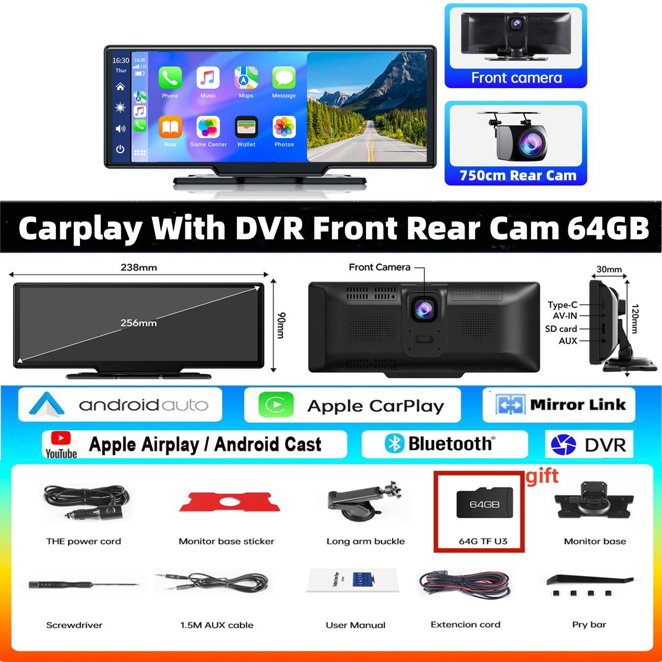 10.2" Wireless Car play Monitor Car Screen Android Auto Car DVR Front ...