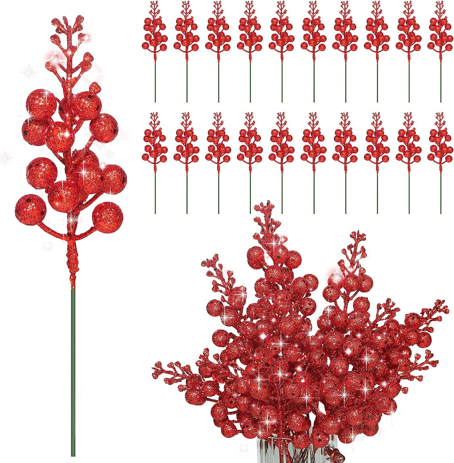 10/20PCS Christmas Glitter Berries Stems, 7.8inch Artificial Christmas ...