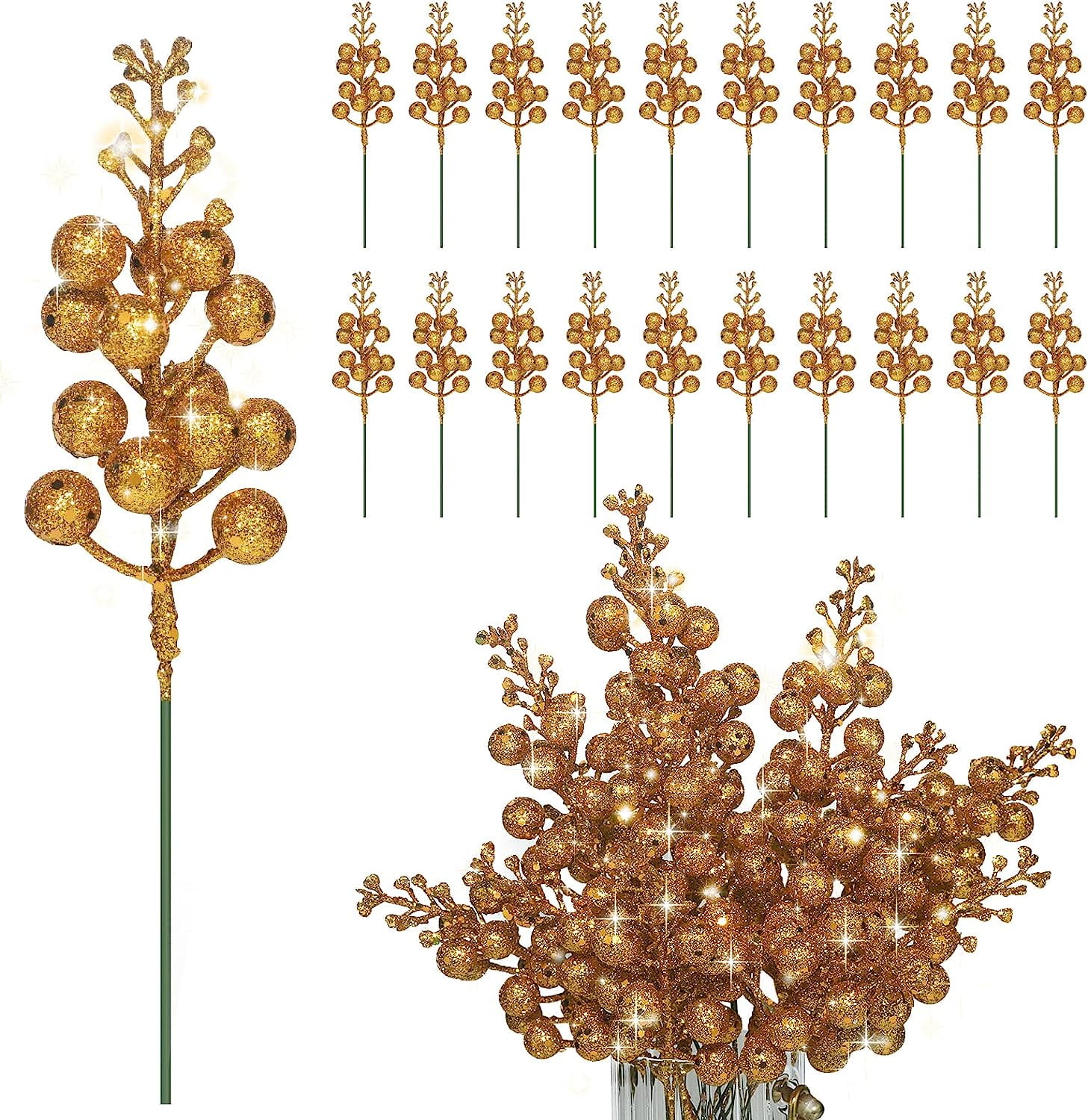 10/20PCS Christmas Glitter Berries Stems, 7.8inch Artificial Christmas ...