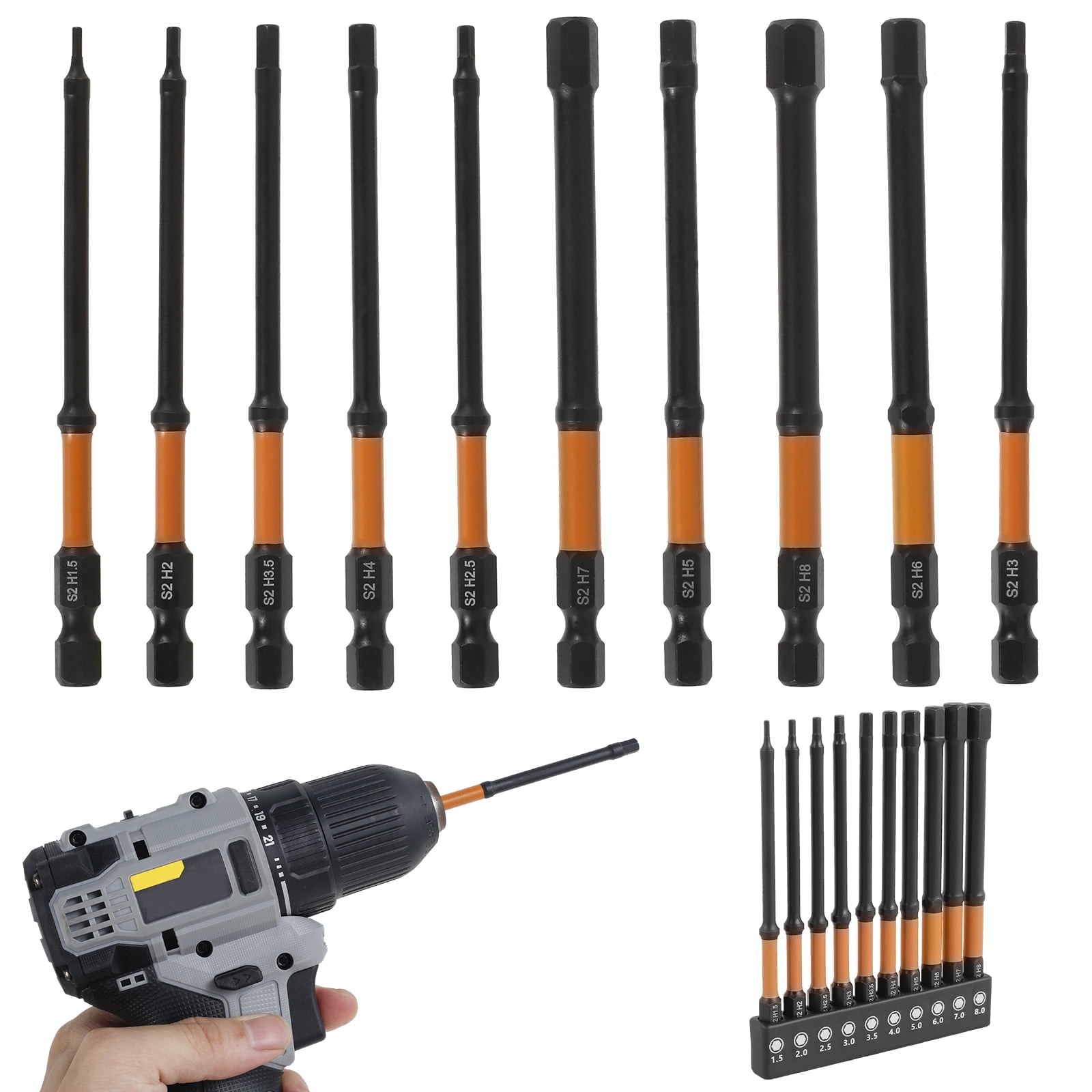 10/20Pcs Impact Hex Head Allen Wrench Drill Bit Set Metric and SAE S2 Alloy Steel Hex Bit Set ...