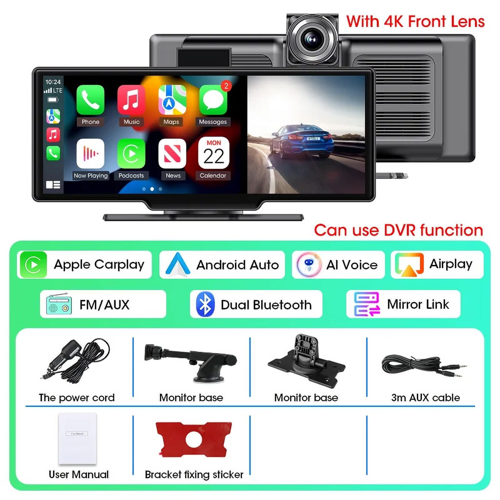 10.26" 4K Dash Cam Rearview Mirror Camera Wifi Wireless Carplay Android ...