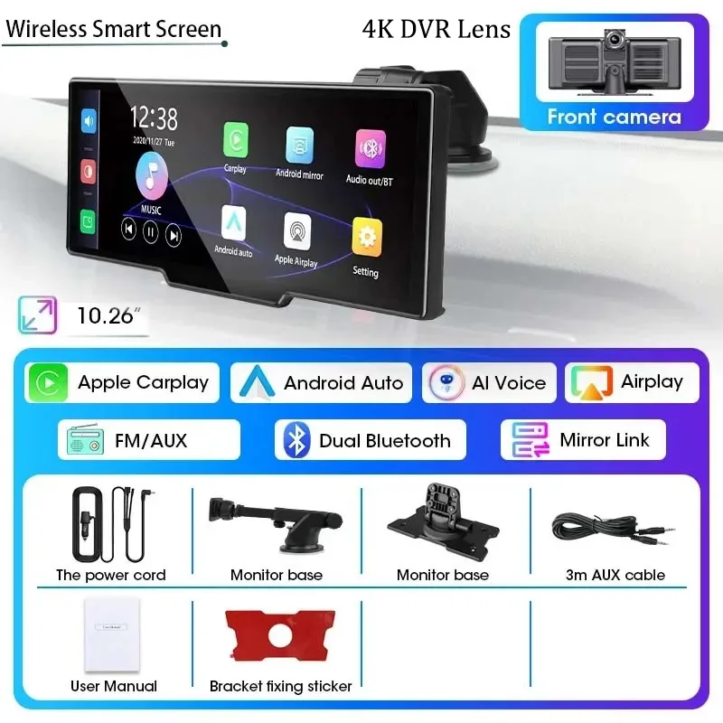 10.26" Dash Cam 4K 3840x2160 Wireless Carplay & Android Auto Navigation ...