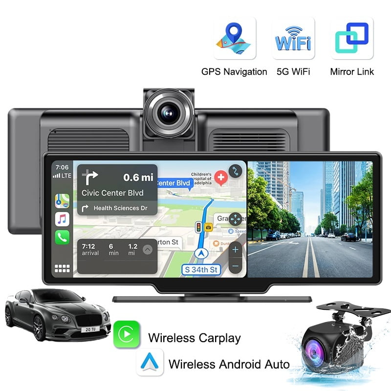 10.26'' Dash Cam 4K Car Mirror Video Player Wireless Carplay Android ...