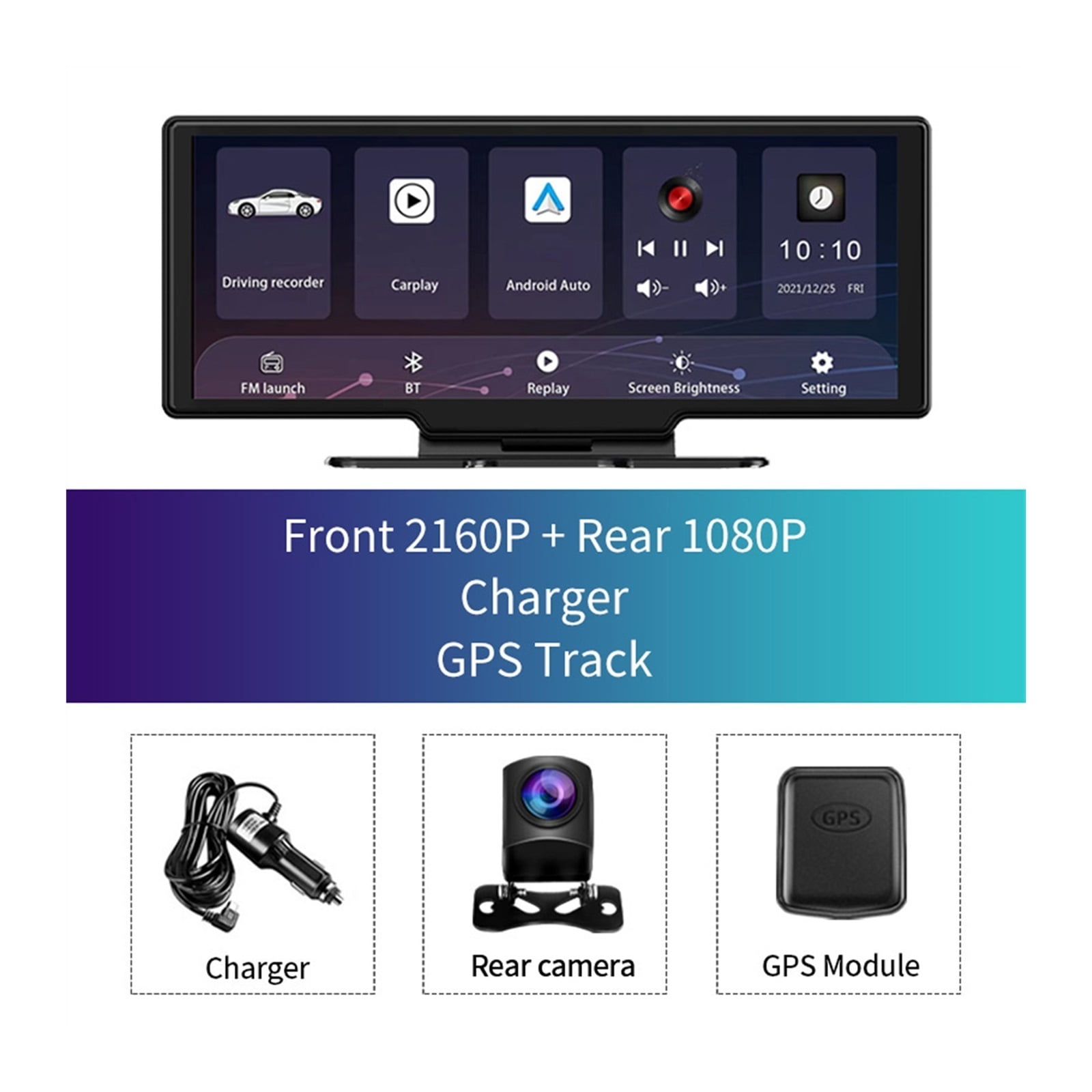 10.26" Dash Cam Rearview Camera Carplay & Auto 4K DVR GPS Navigation ...