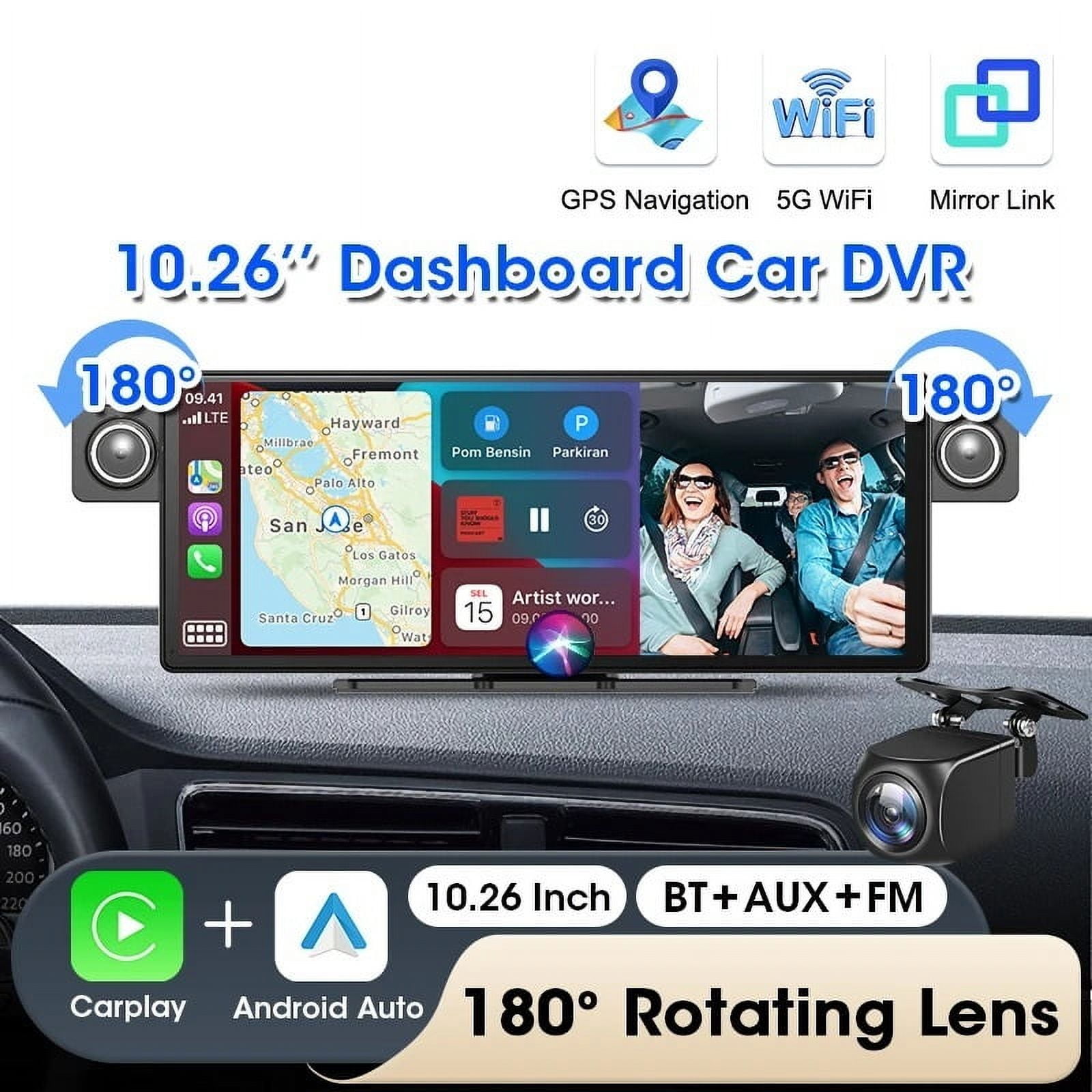 10.26" Dash Cam Wireless Android Auto CarPlay Front Side Inside Rear ...