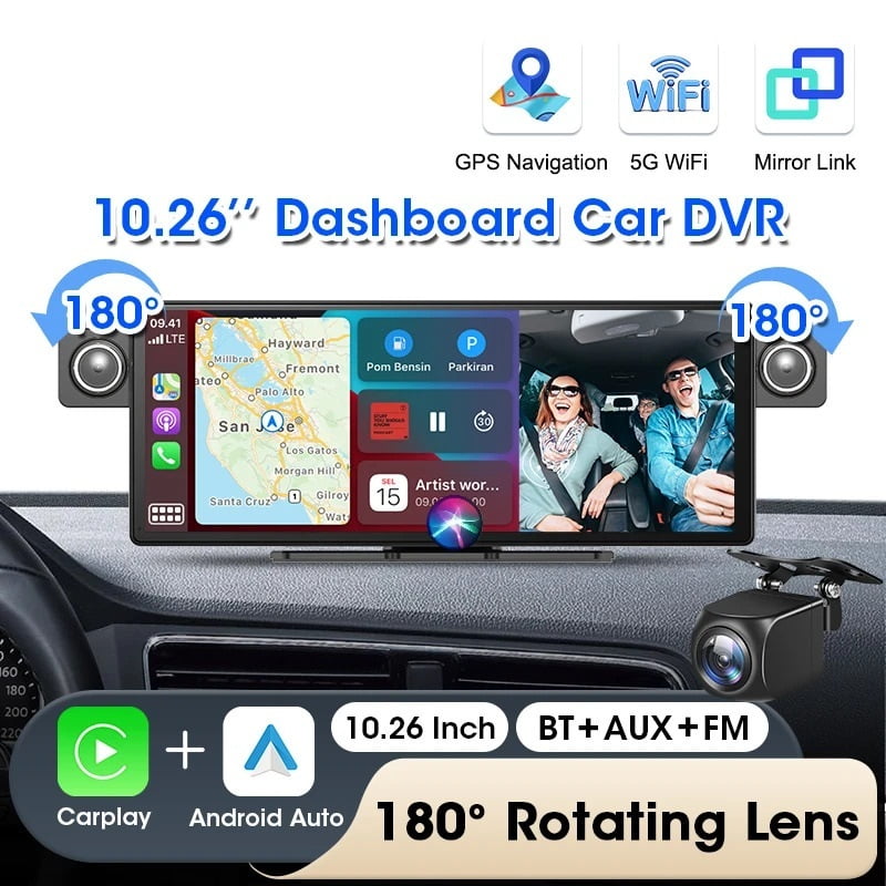 10.26" Dash Cam Wireless Android Auto CarPlay Front Side Inside Rear ...