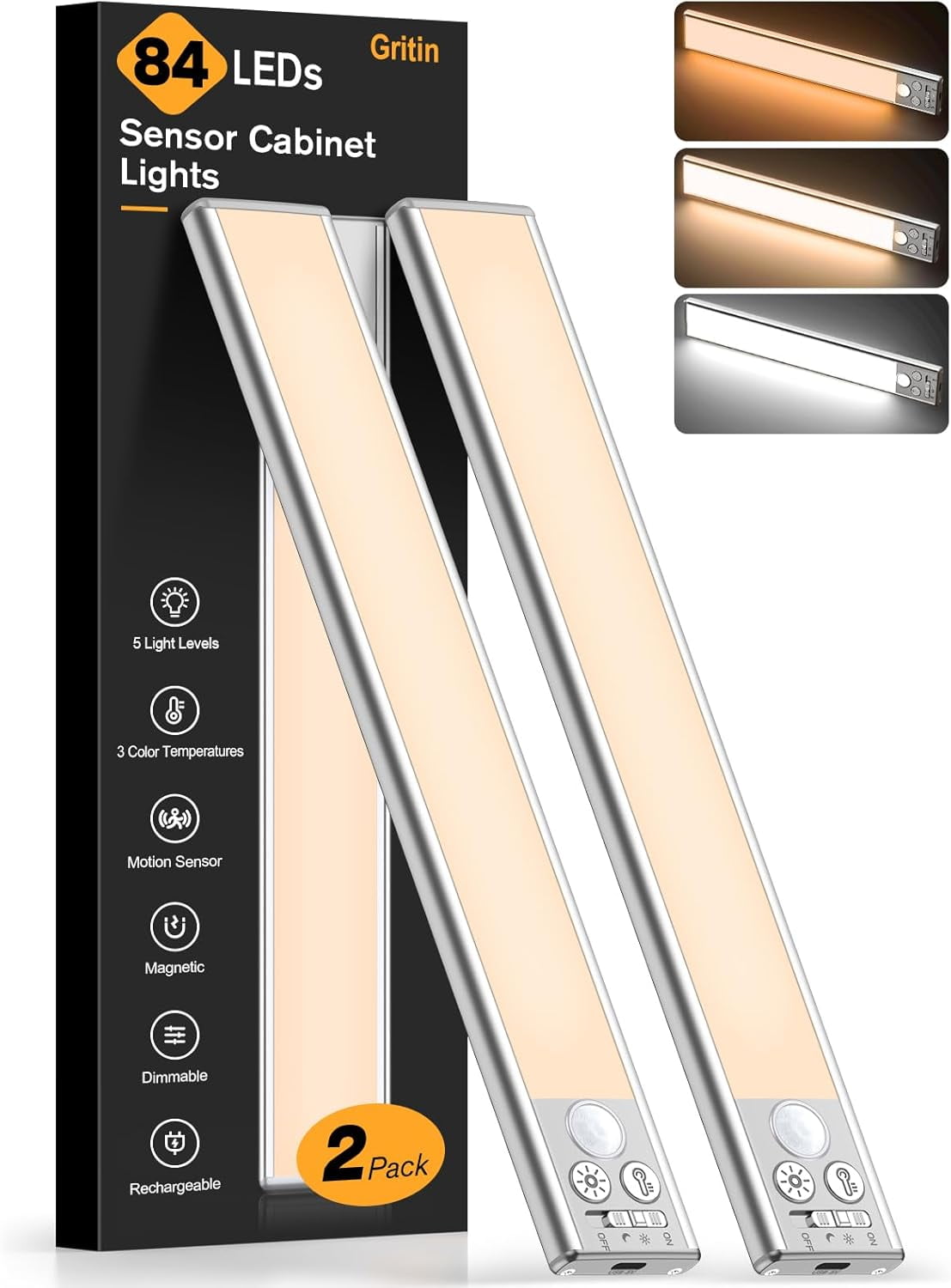 10.2inch Under Cabinet Lighting Rechargeable 2 Pack- 3 Color Temps&5 ...