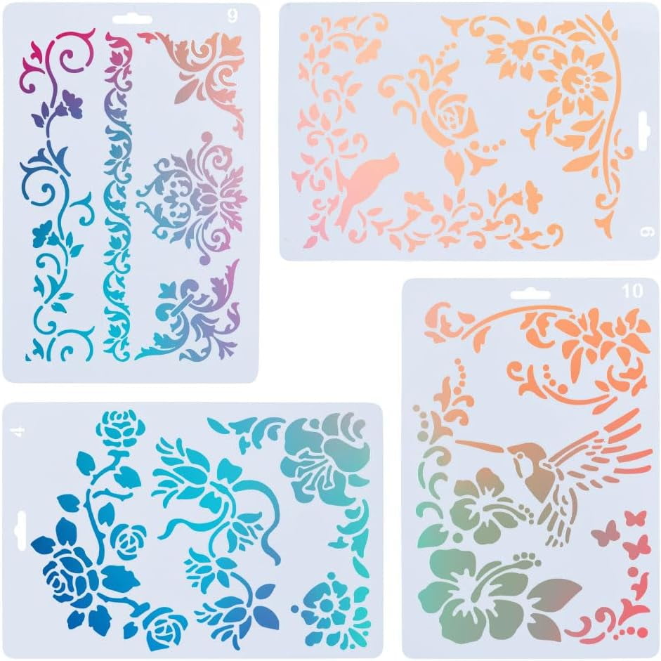10.3"x7" 4Pcs Rose Flower Stencils Floral Leaf Vine Design Dot Stencil ...