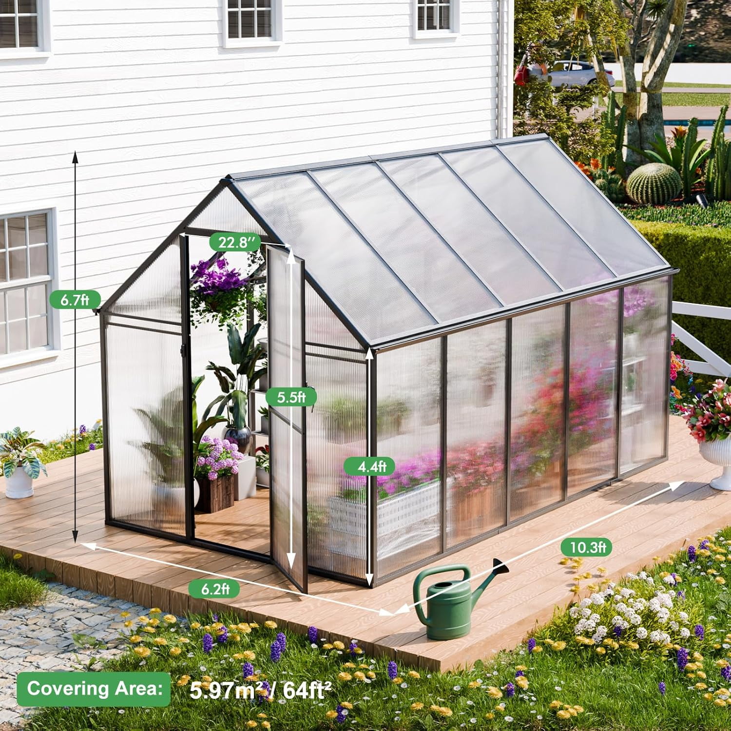 10.3x6.2x6. FT Thicker Aluminum & Polycarbonate Greenhouse for Outdoors, Walk-in Design with 2 ...