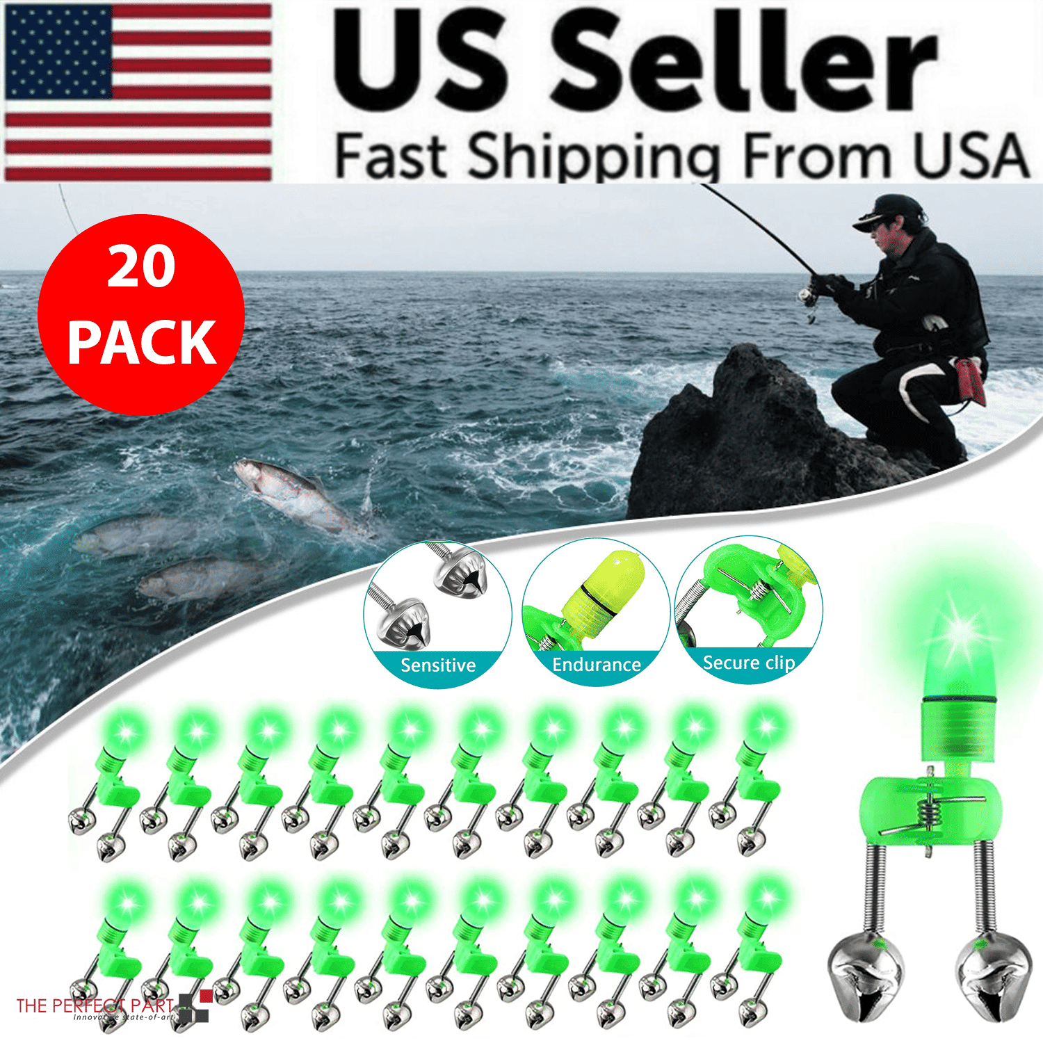 10/40 PC LED Night Fishing Bite Bait Alarm 2 Bells Light Rod Tip Clip ...