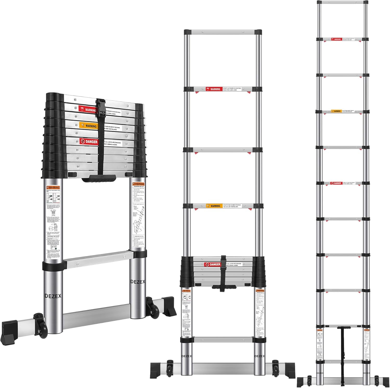 10.5 FT Stainless Steel Telescoping Ladders - One-Button Retraction ...