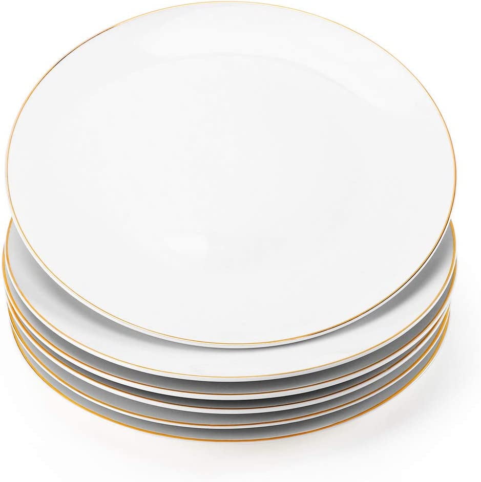 10.5” Porcelain Coupe Dinner Plates with Golden Rim, Stackable Off ...