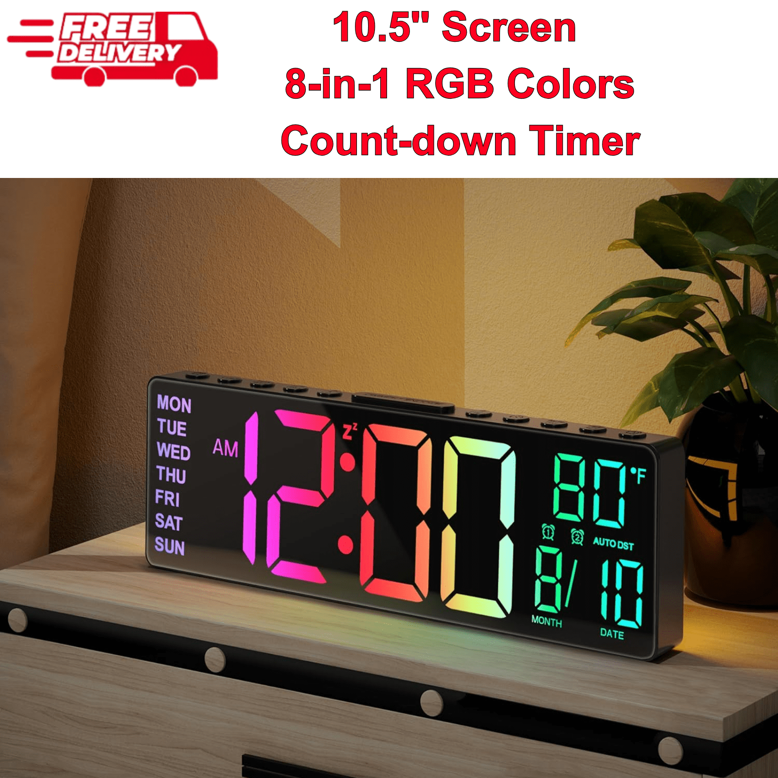 10.5 inch Large Digital Alarm Clock - RGB Display, Auto DST, Temp, Wall ...