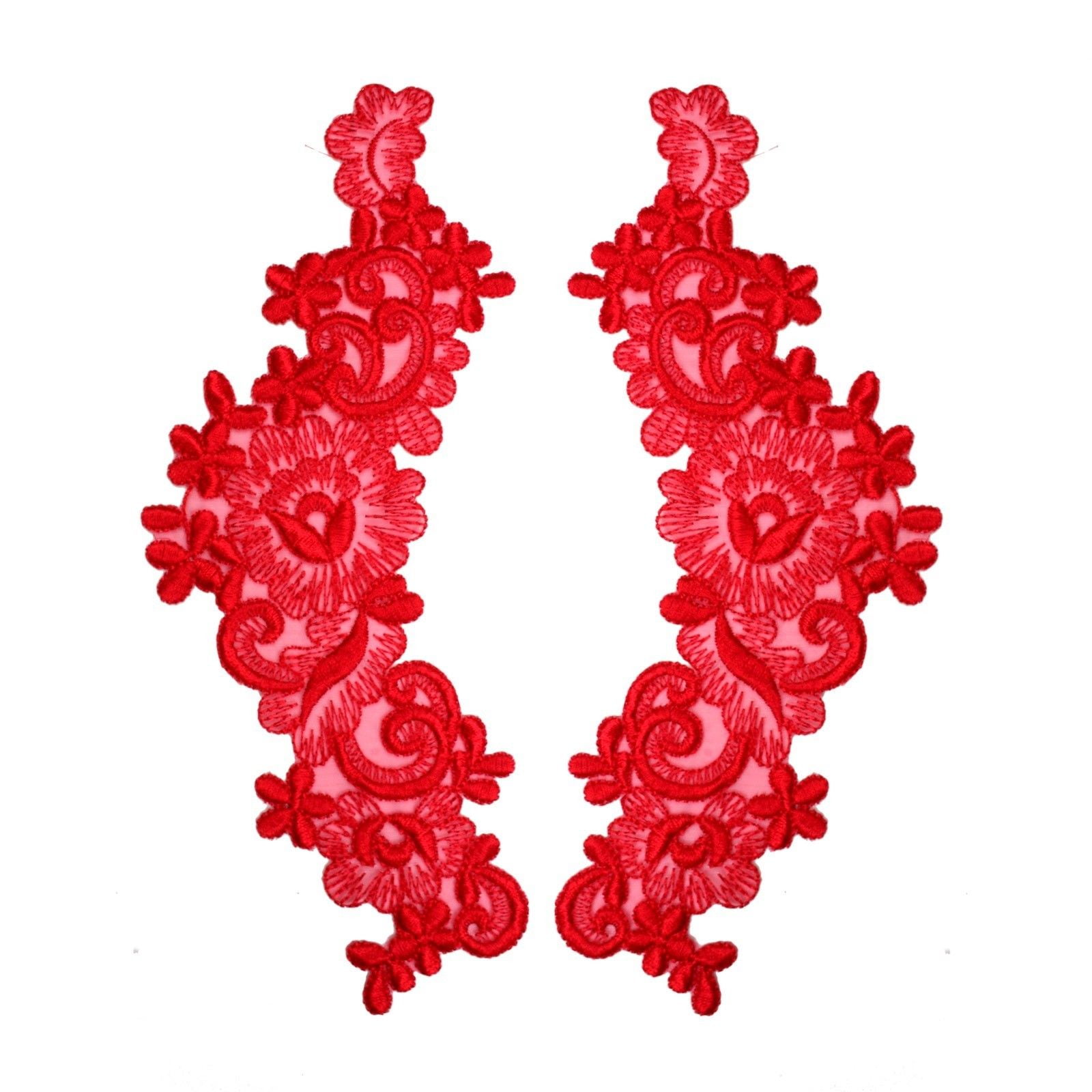 10.5"x4" Floral Embroidered Sheer Organza Patch Burgundy Coral Red Pink ...