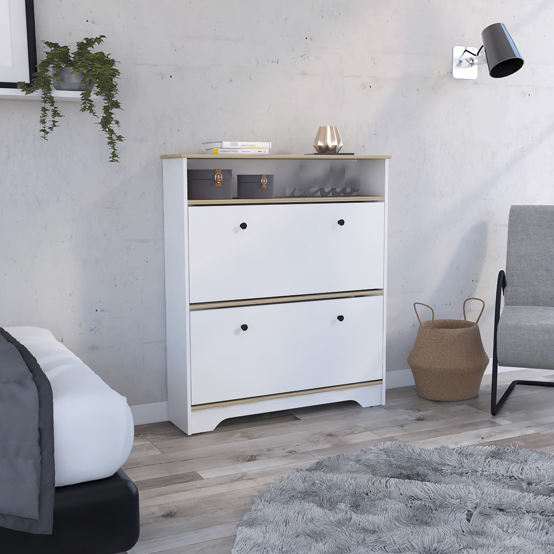 10.54 In. Width Shoe Rack With Superior Top And Upturned Drawers - Oak ...