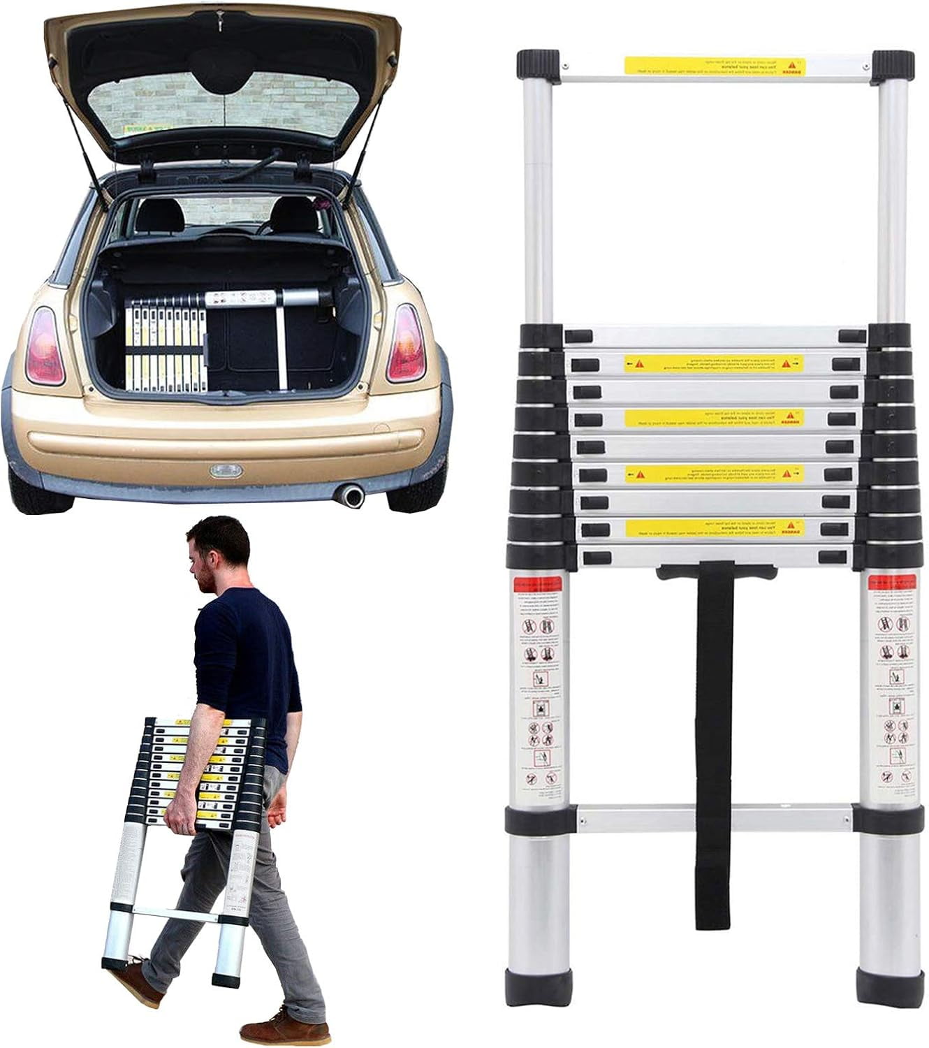 10.5FT Folding Ladder - Aluminum Telescopic Extension Soft Close Climb ...