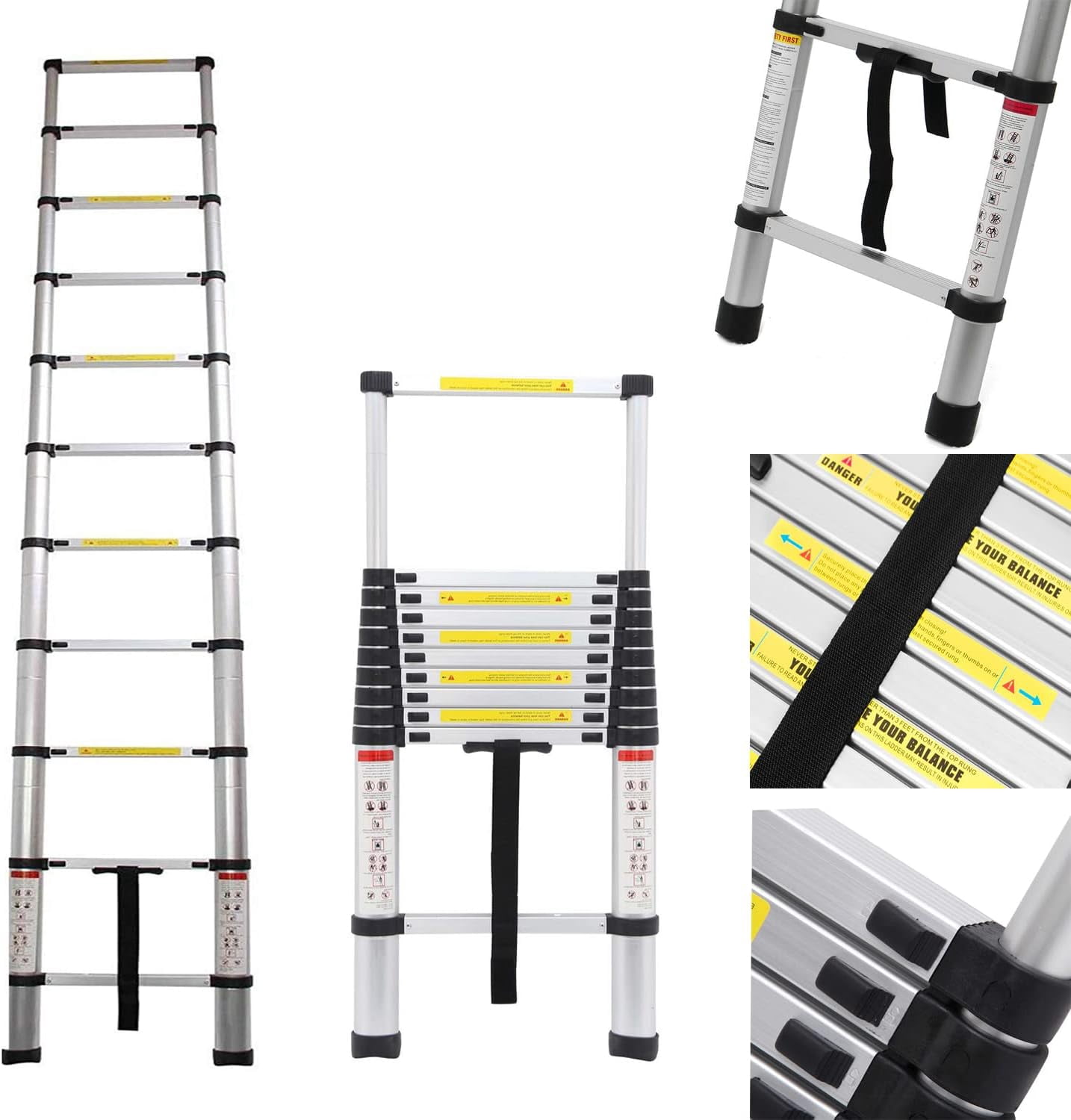 10.5Ft/3.2M Aluminum Telescopic Ladder Safe and Stable Extend Attic ...