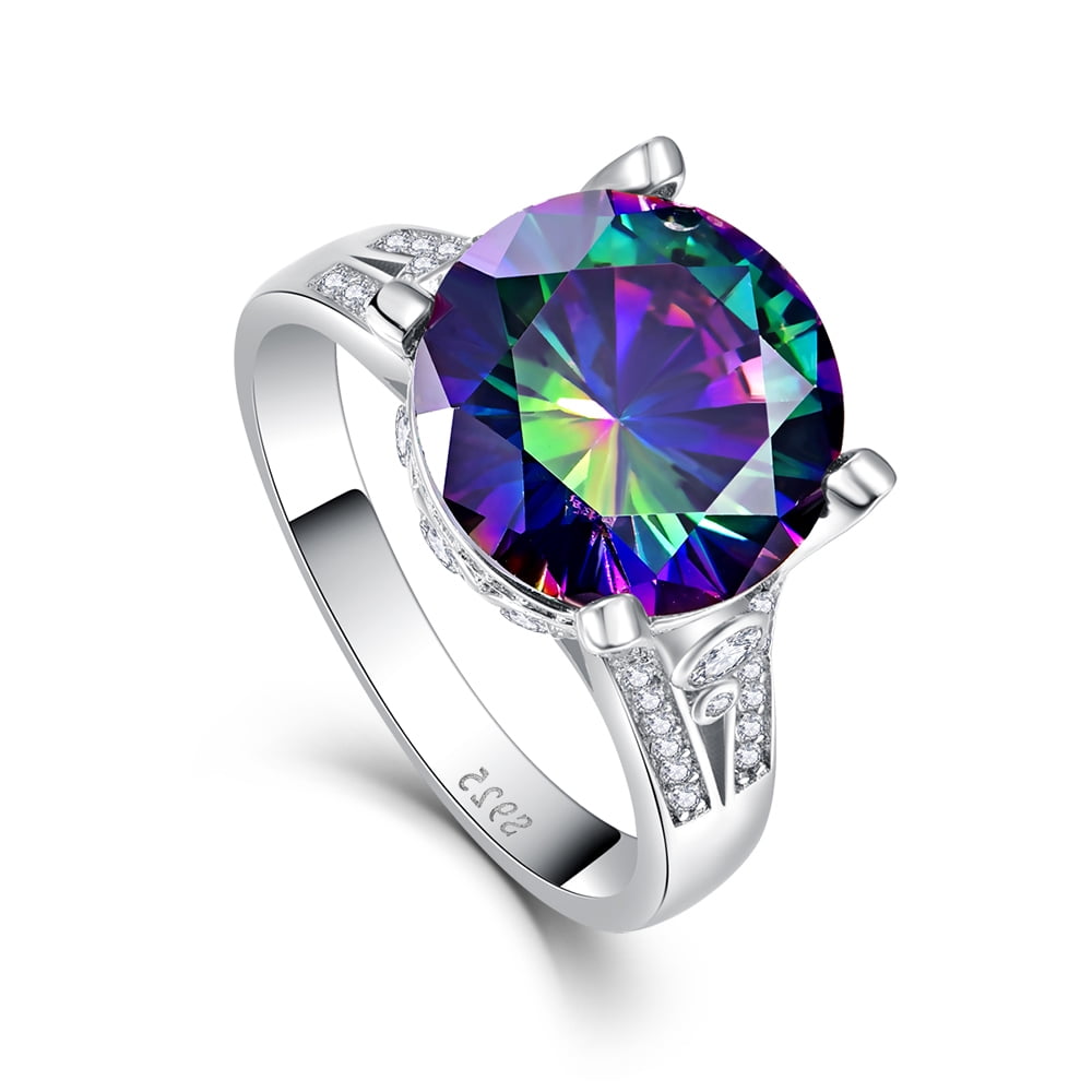 10.5ct Round Cut Created Mystic Rainbow Topaz Cubic Zirconia CZ Solitaire 925 Sterling Silver ...