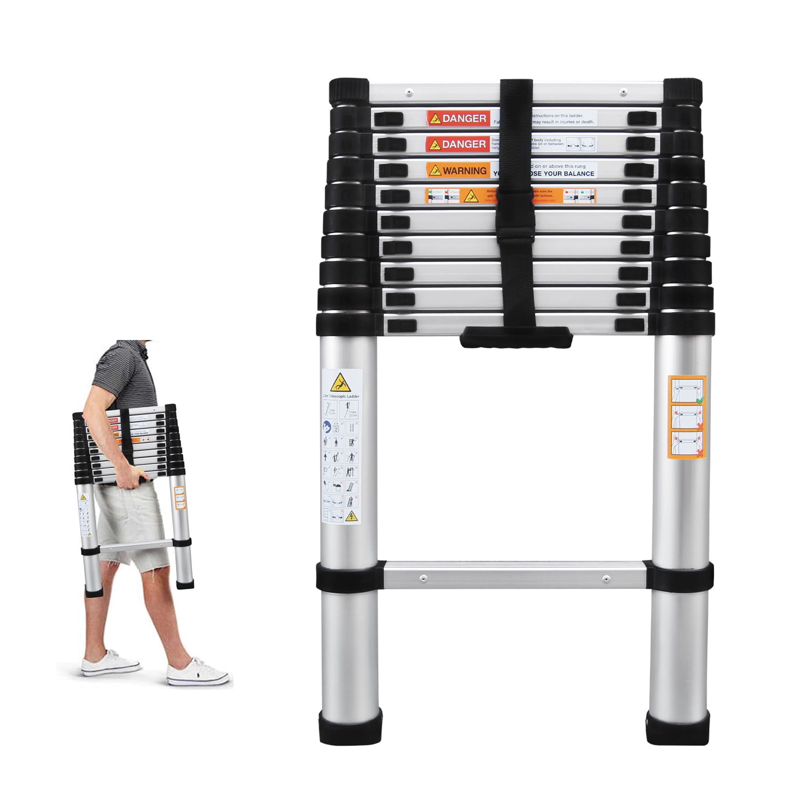 10.5ft Extension Ladder Aluminum Telescoping Step Ladder Adjustable ...