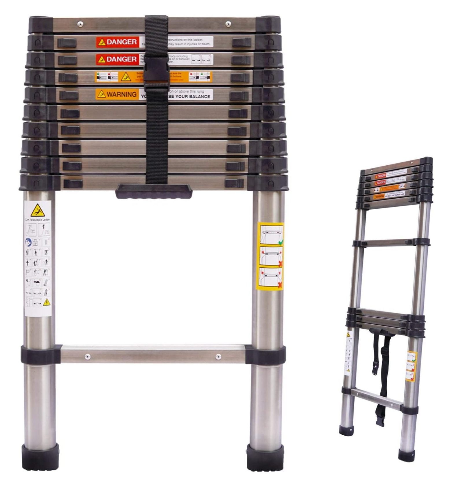 10.5ft Telescoping Ladder Stainless Steel Heavy Duty 330lbs Max Load ...