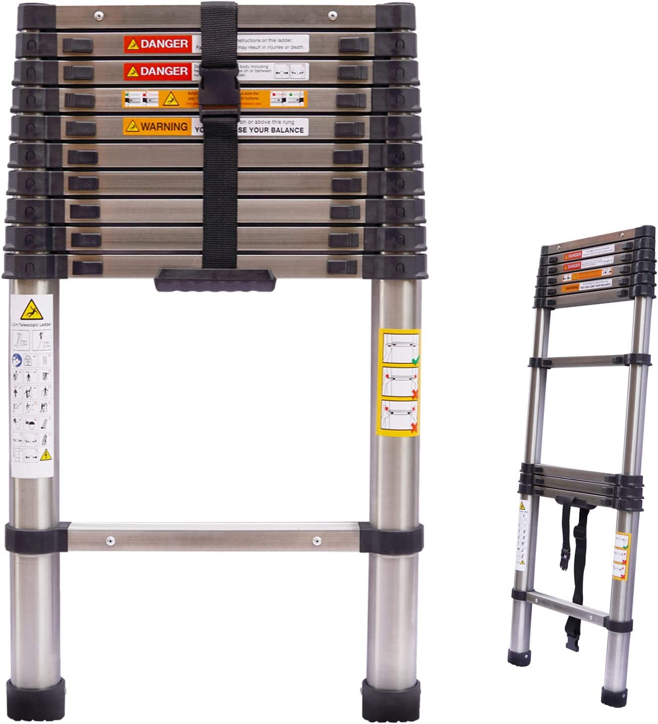 10.5ft Telescoping Ladder Stainless Steel Heavy Duty 330lbs Max Load ...