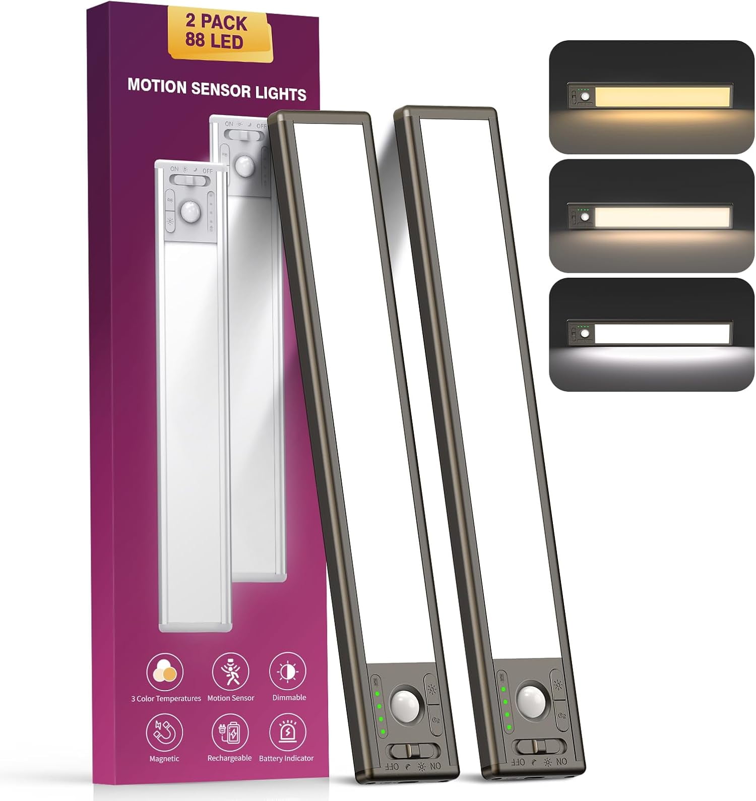 10.5inch Under Cabinet Lighting with 3 Color Temps, 2 Motion Sensor ...