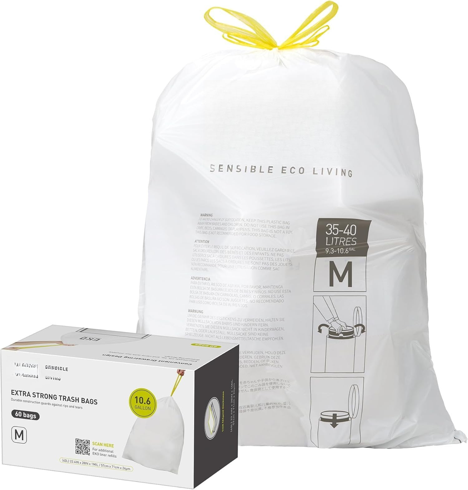 10.6 Gallon / 35-40 Liter Drawstring Trash Bags, 60 Count Heavy-Duty ...