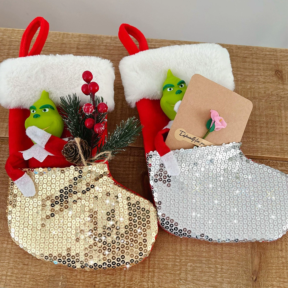 10.6" Green Elf Christmas Socks Decorations, Creative Sequins Christmas ...