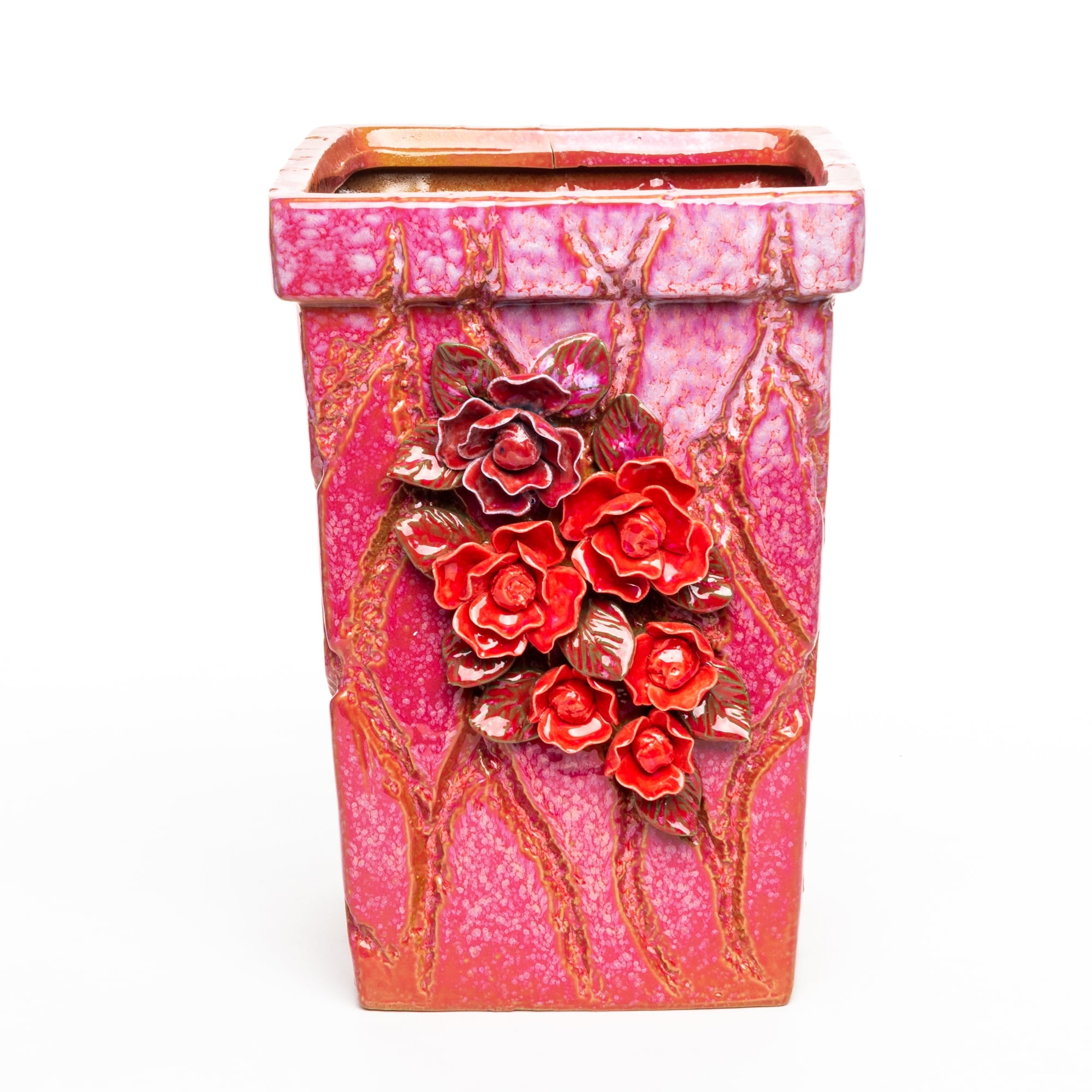 10.63" Large Red Square Tall Ceramic Planter with Drainage Hole and ...