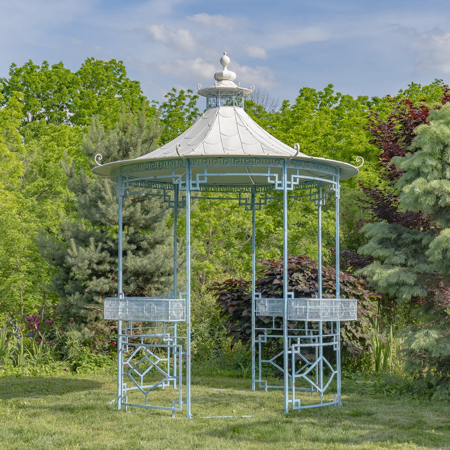 10.7ft. Tall Opulent Round Iron Gazebo with Side Walls & Planters in ...