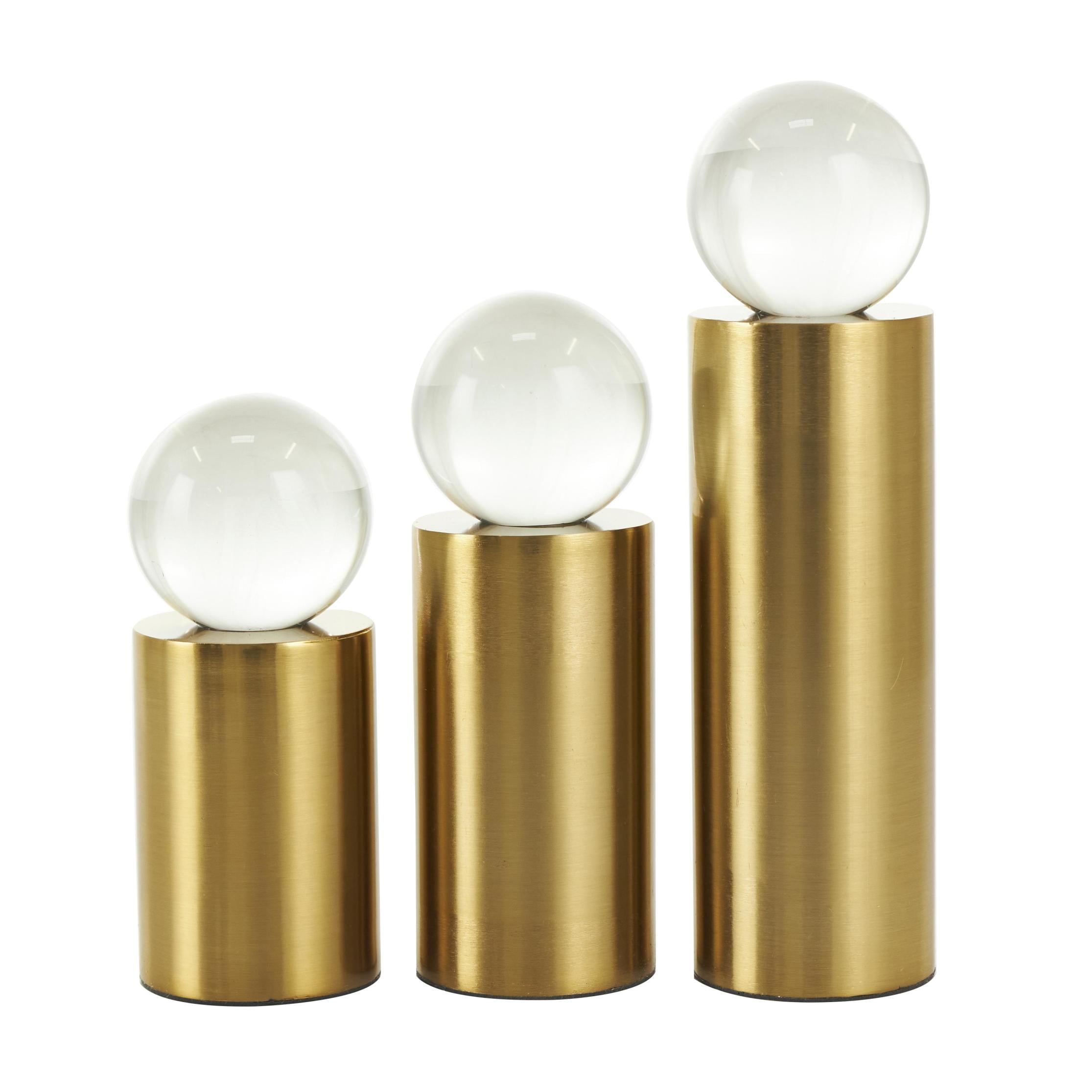 DecMode Gold Metal Cylinder Post Sculptures with Clear Glass Orbs, 3 ...