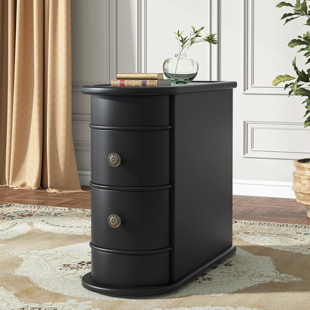 10.8 Inches Narrow Black Nightstand with 2 Drawers Fully Assembled Solid Wood Slim Bedside Table ...