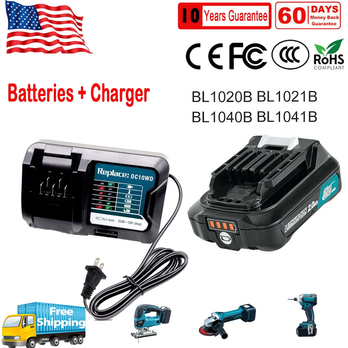 10.8V/12V 2.0AH For Makita Battery BL1041B BL1021 BL1020 Li-Ion With ...