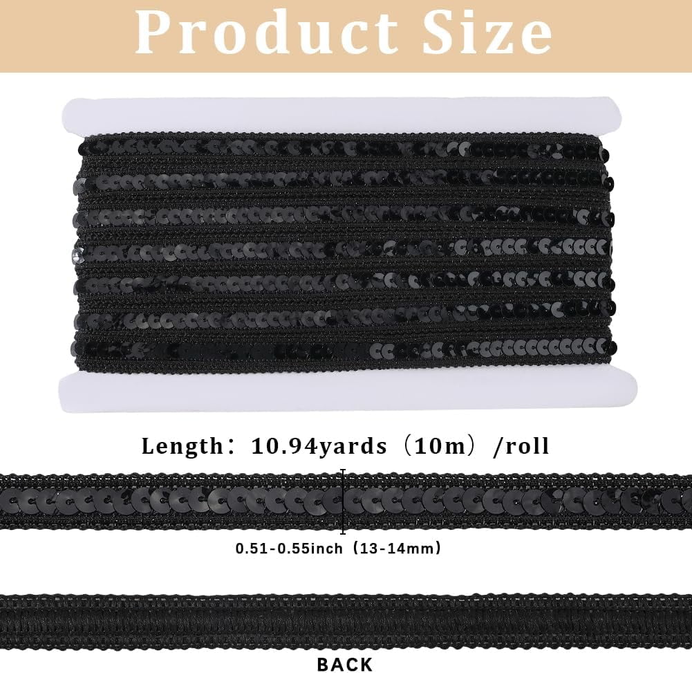 10.94 Yards 1/2 Inch Black Sequin Trim Flat Sequins Beaded Ribbon ...