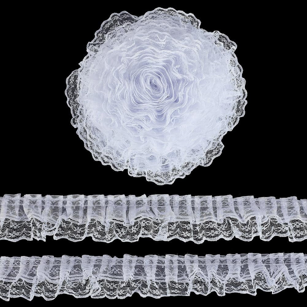 10.94 Yards White Lace Ruffle Trim 1-3/4 Inch Wide 2-Layer Gathered ...