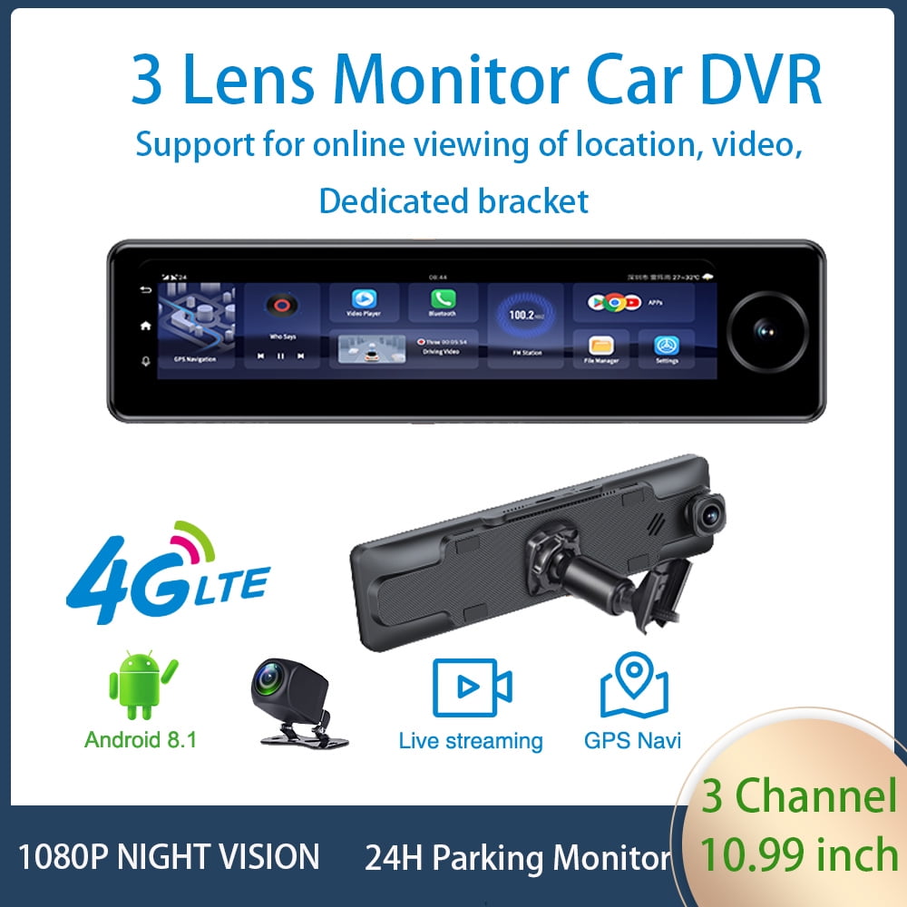 10.99" 4G Car Rear View Mirror DVR Android 3 Channel Dash Cam Camera ...