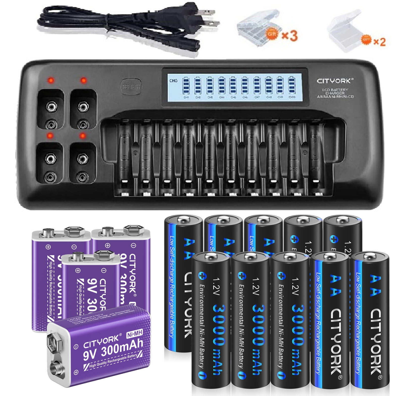 10 AA and 4 9V Rechargeable Batteries with High Capacity Low Self ...