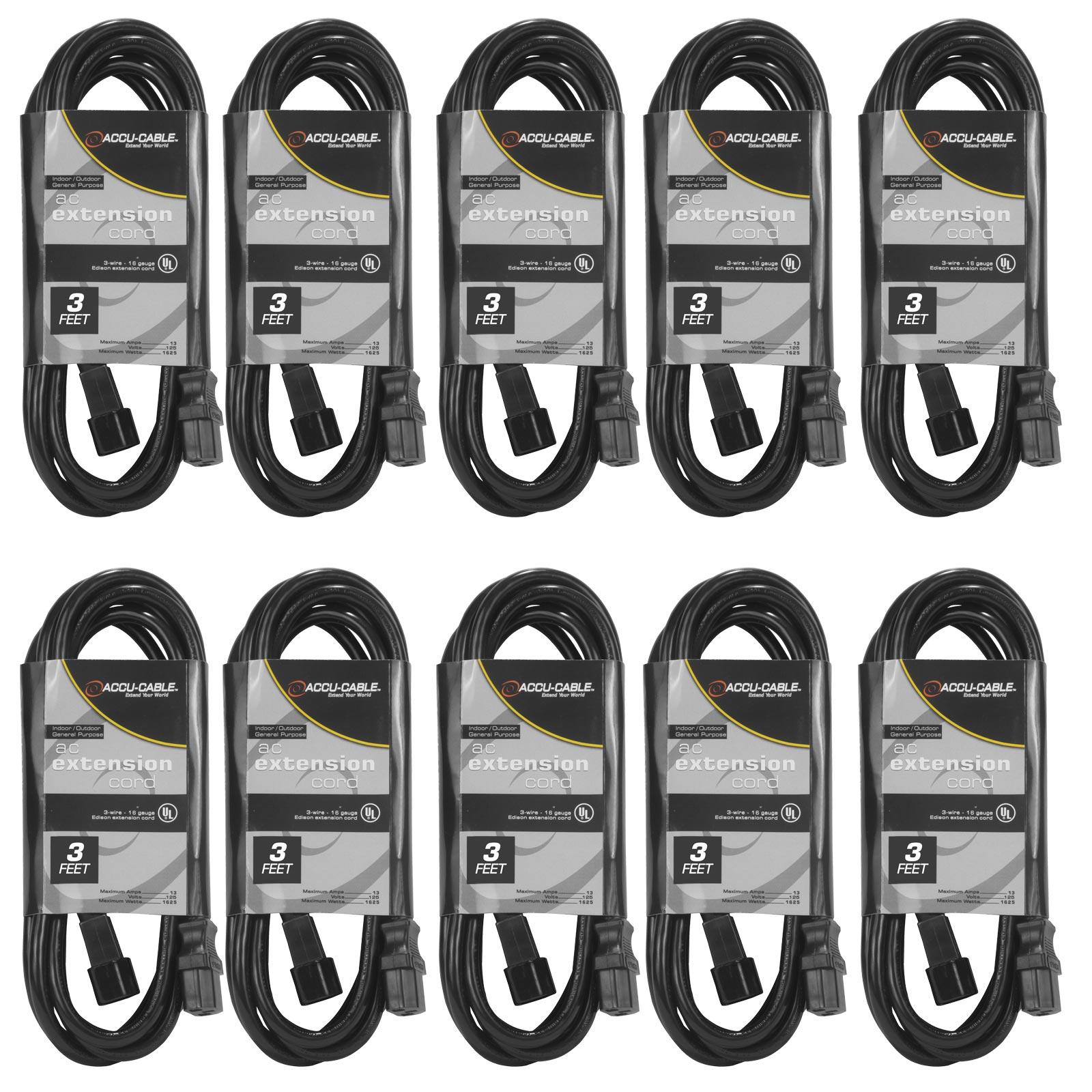 (10) ADJ ECCOM-3 Black 3FT 16 Gauge IEC-Male-to-IEC-Female Power Link ...