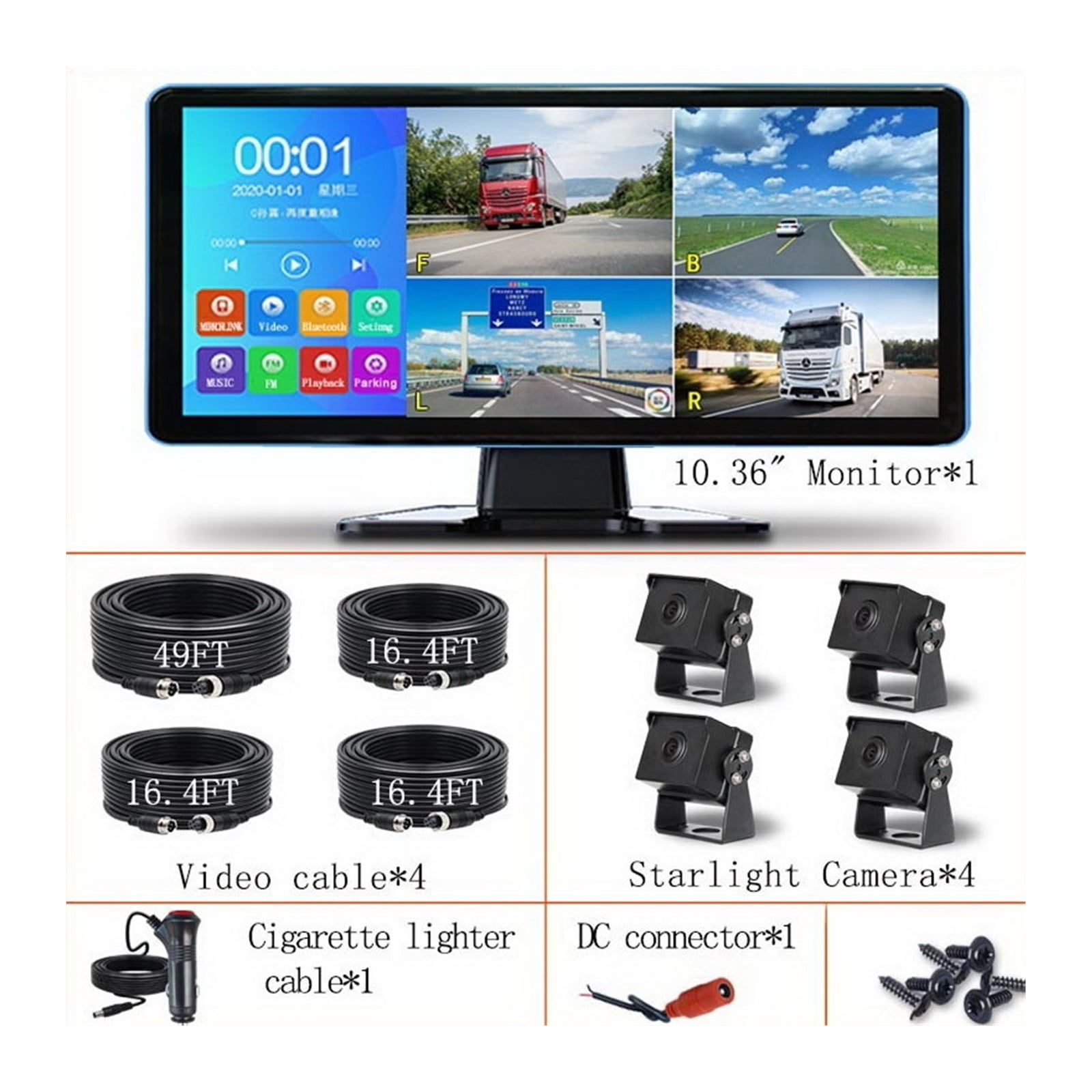 10" AHD 4CH Monitor Recording DVR 1080P Truck Rear View Backup Camera ...