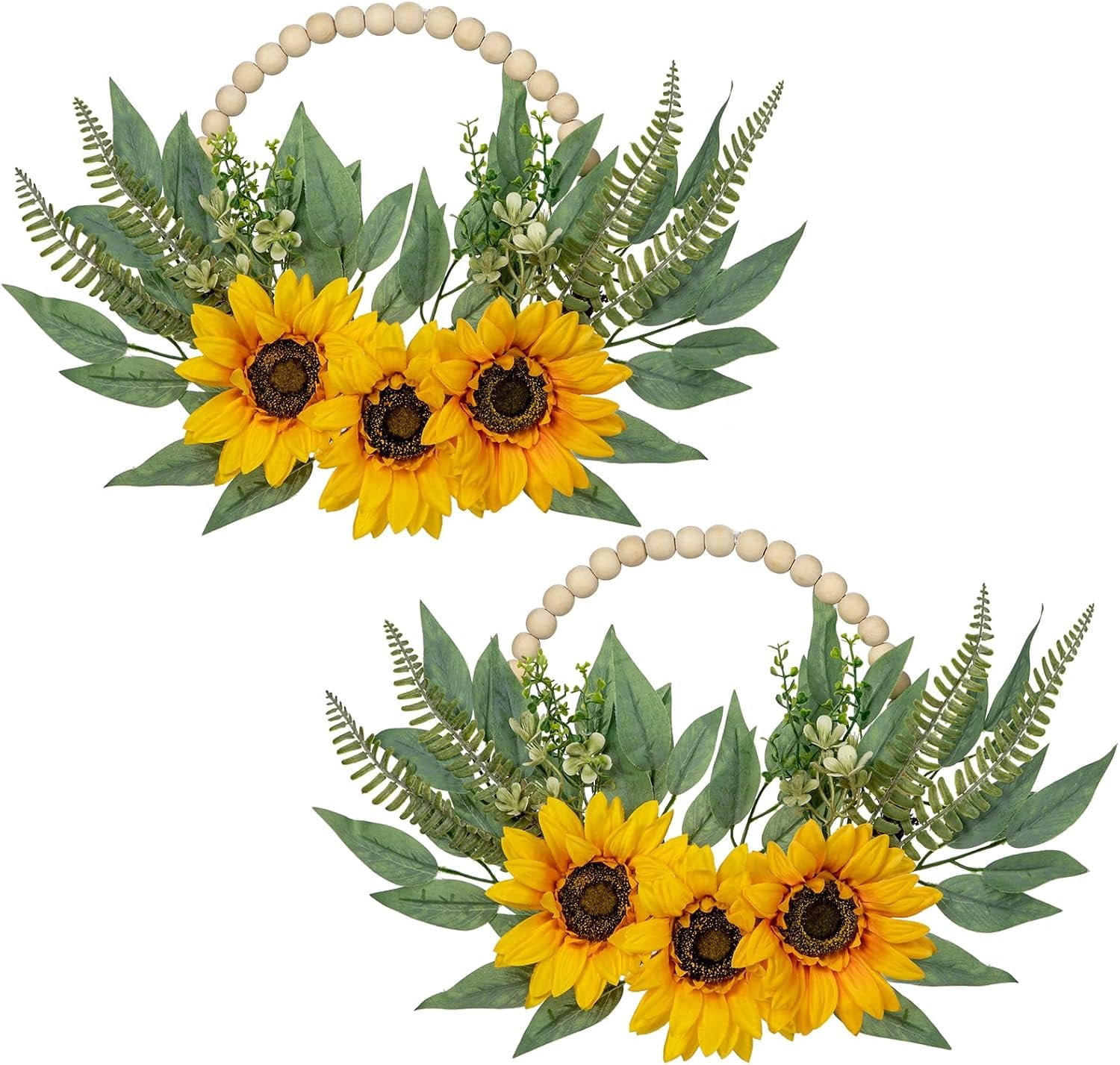 10" Artificial Floral Bead Wreaths, 2 Pack Sunflower Eucalyptus Leaves ...