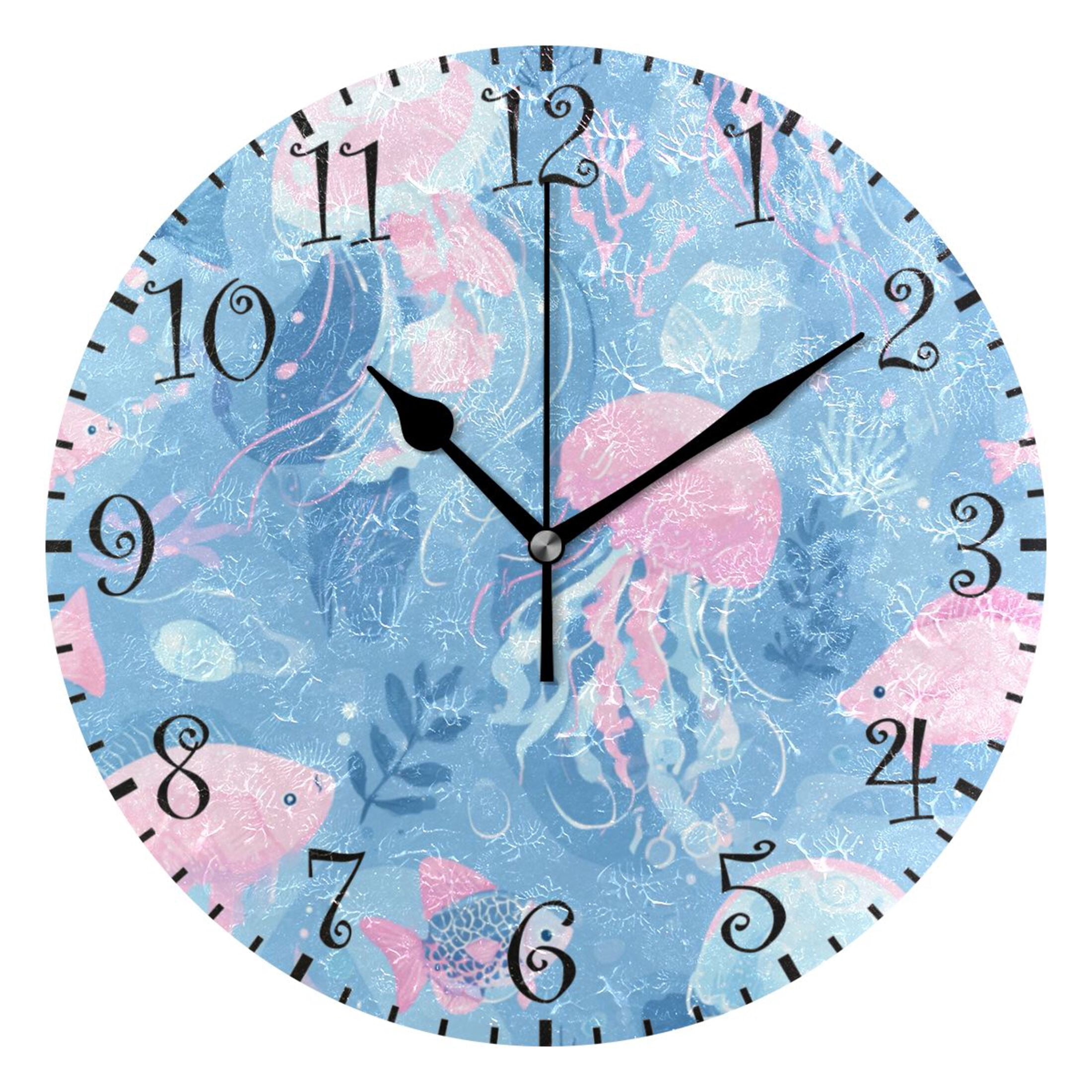 10" Artistic Round Wall Decorative Desk Clock Cartoon Blue Jellyfish ...
