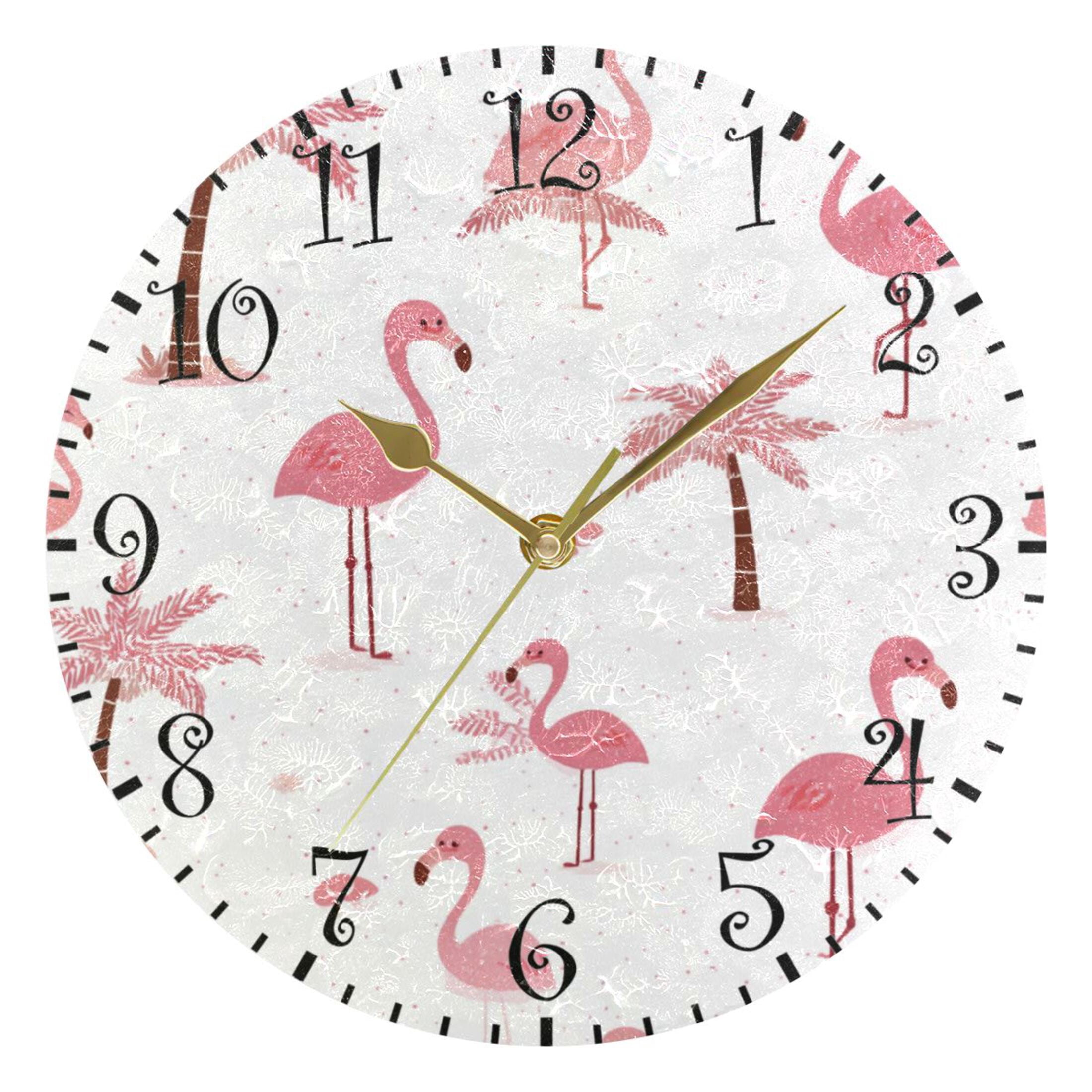 10" Artistic Round Wall Decorative Desk Clock Cute Pink Flamingos and ...