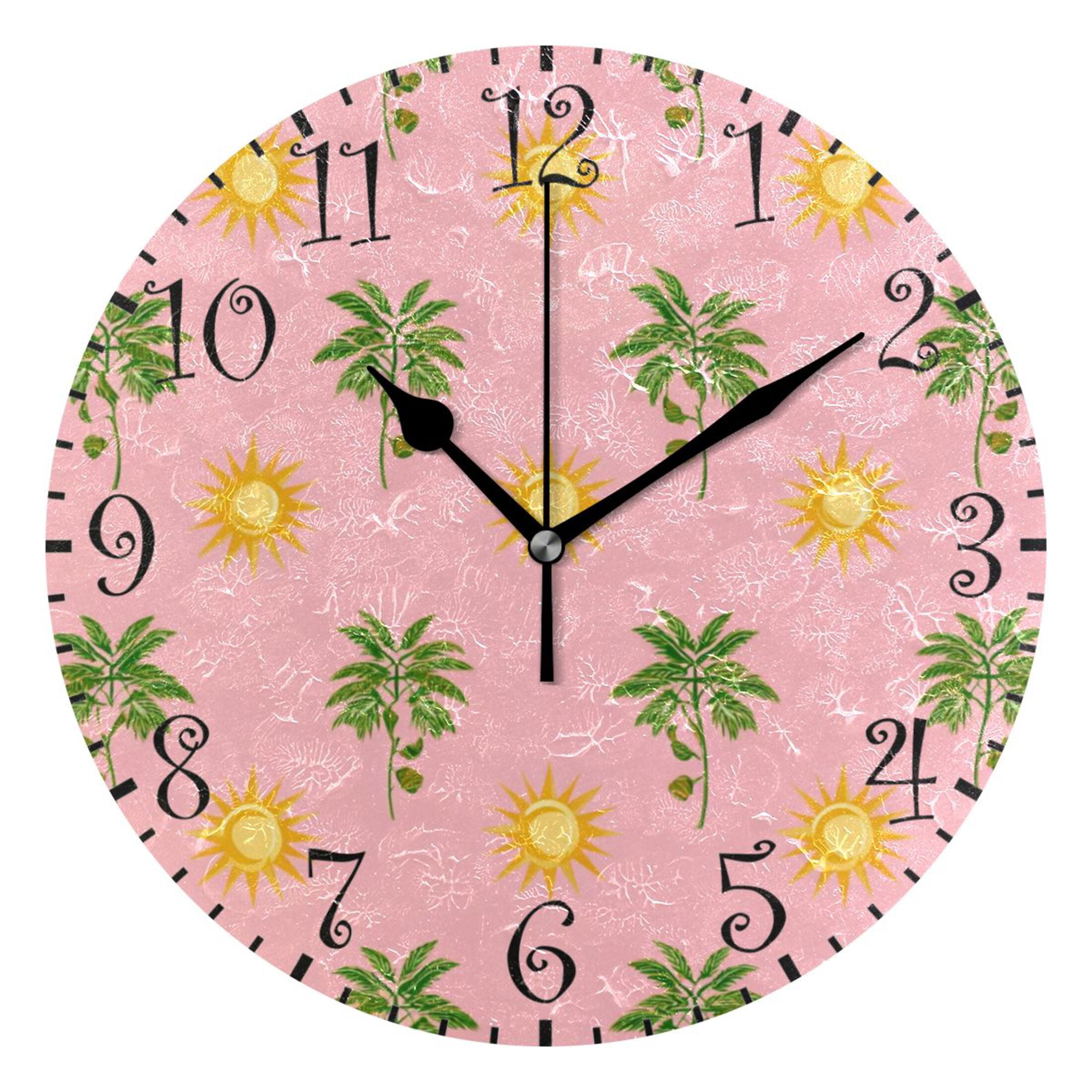 10" Artistic Round Wall Decorative Desk Clock Green Palm Tree Pattern ...